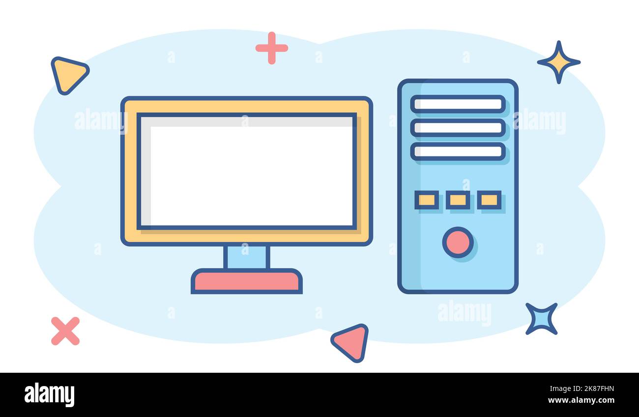 Pc computer icon in comic style. Desktop cartoon vector illustration on ...