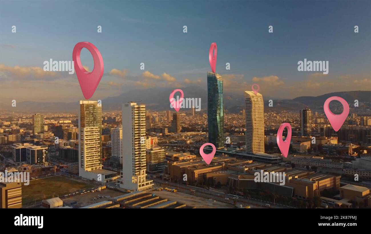 Aerial smart city. Localization icons in a connected futuristic city ...