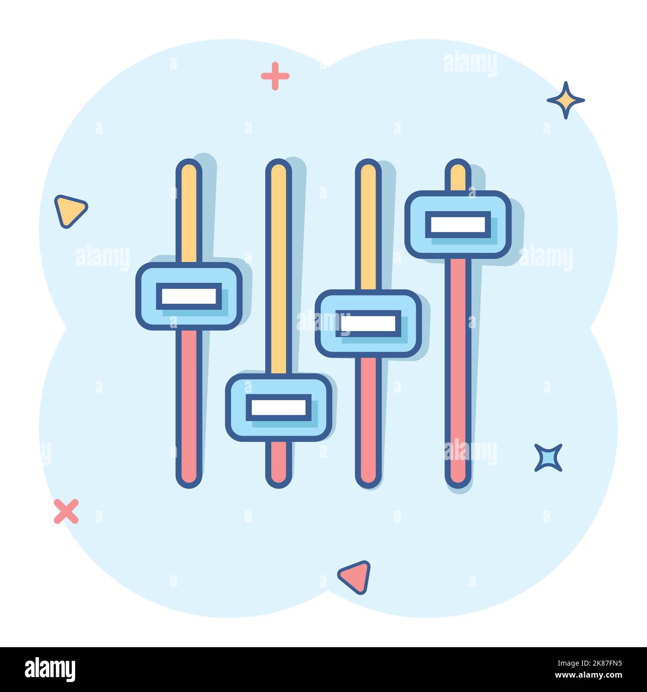 Control volume icon in comic style. Audio adjusting cartoon sign vector ...