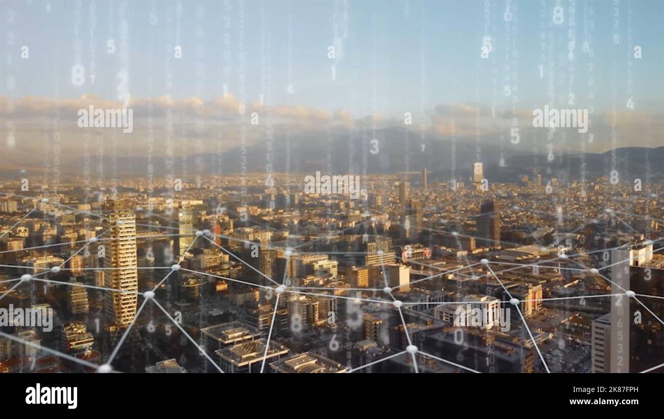 Aerial view of izmir Skyline with connections. Technology-Futuristic ...