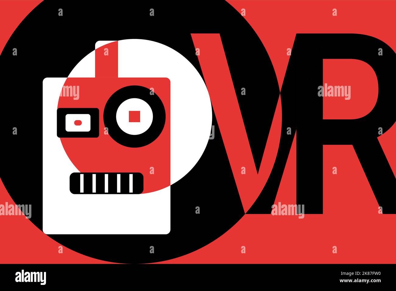 Artificial surprised robot with different eyes size. Text VR. Augmented ...