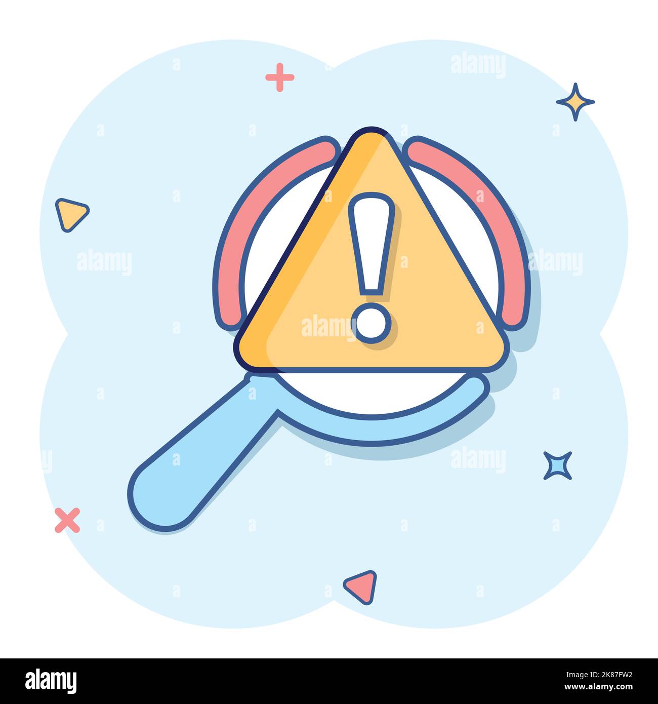 Risk analysis icon in comic style. Exclamation magnifier cartoon vector ...