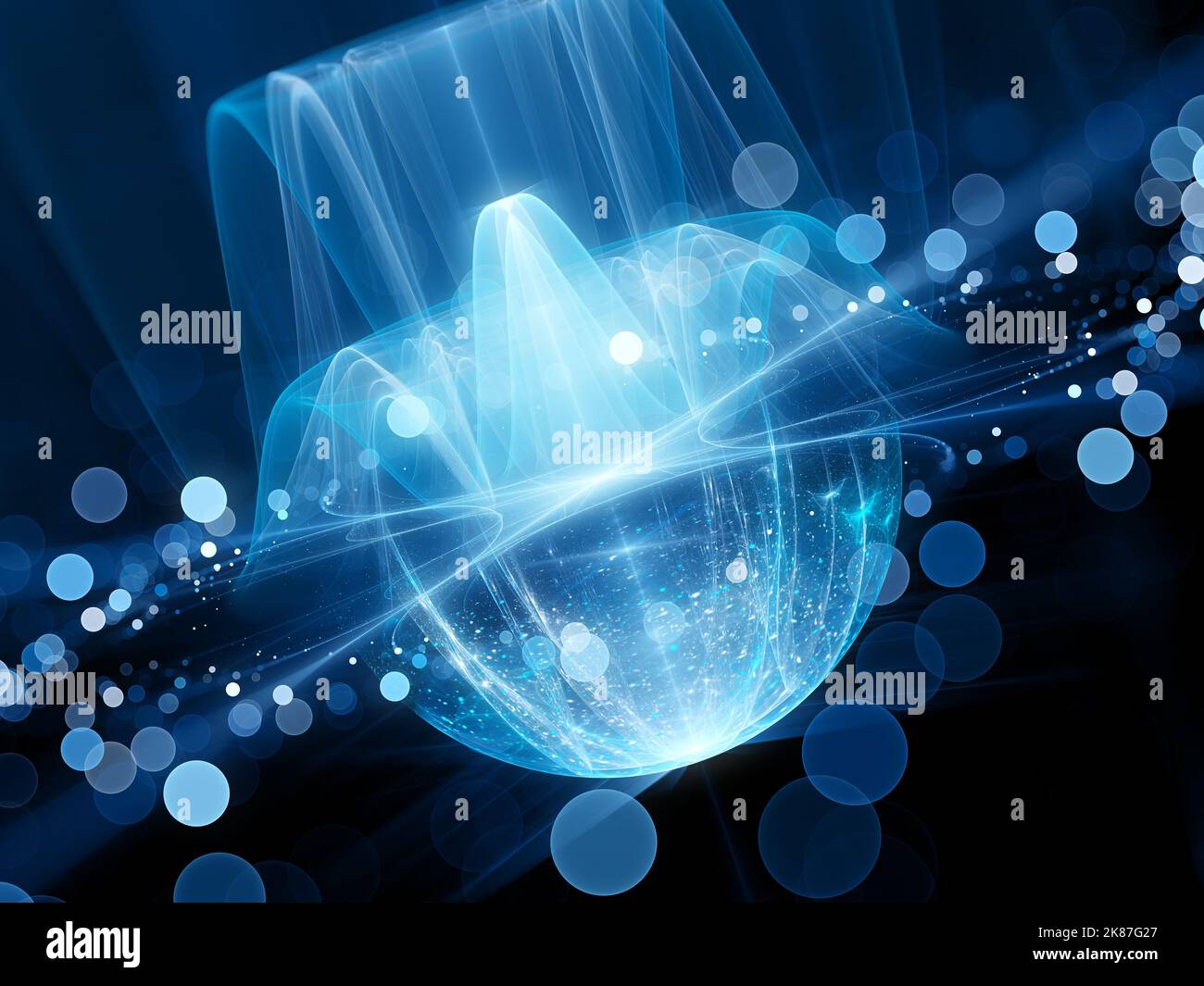 Blue glowing quantum processor with wave distribution function, computer generated abstract ...