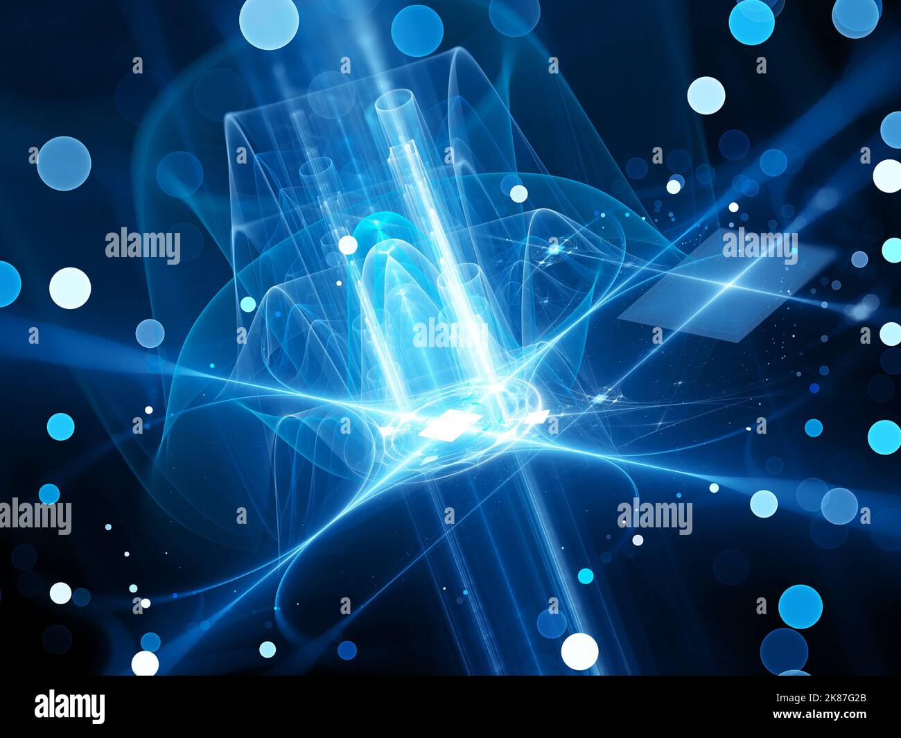 Blue glowing futuristic quantum processor with particles, computer generated abstract background ...