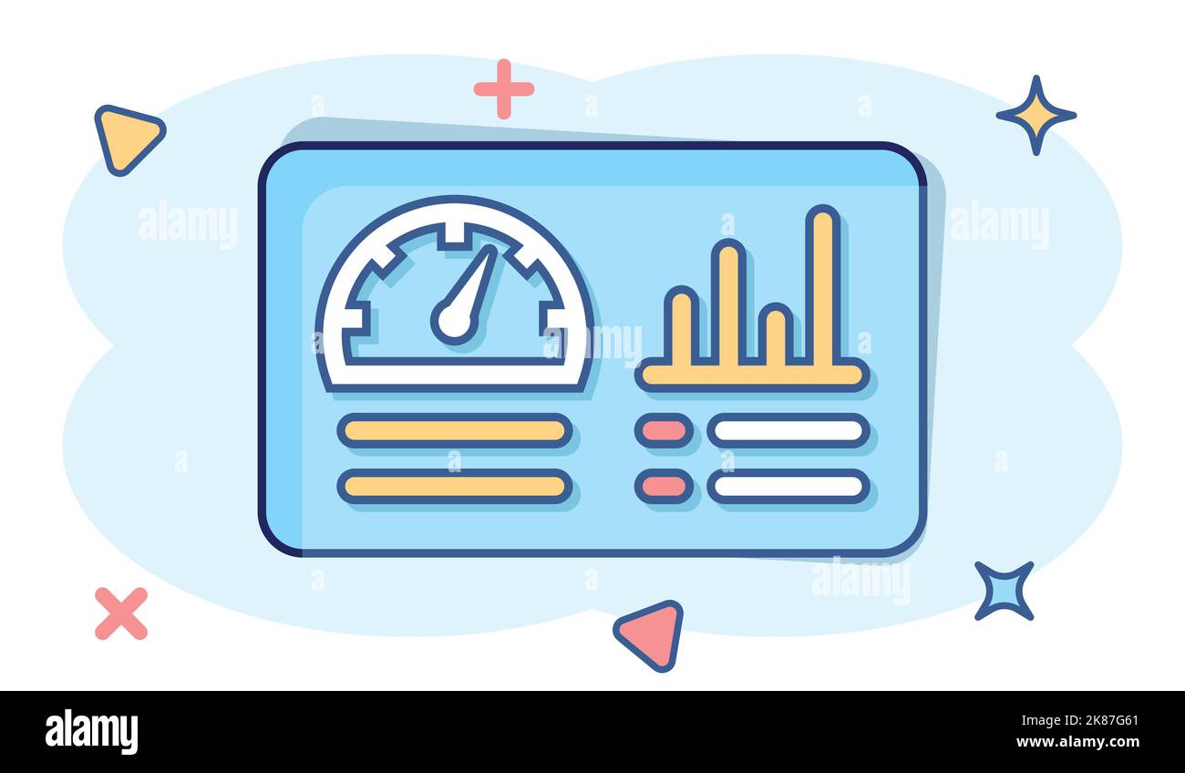 Dashboard icon in comic style. Finance analyzer cartoon vector ...