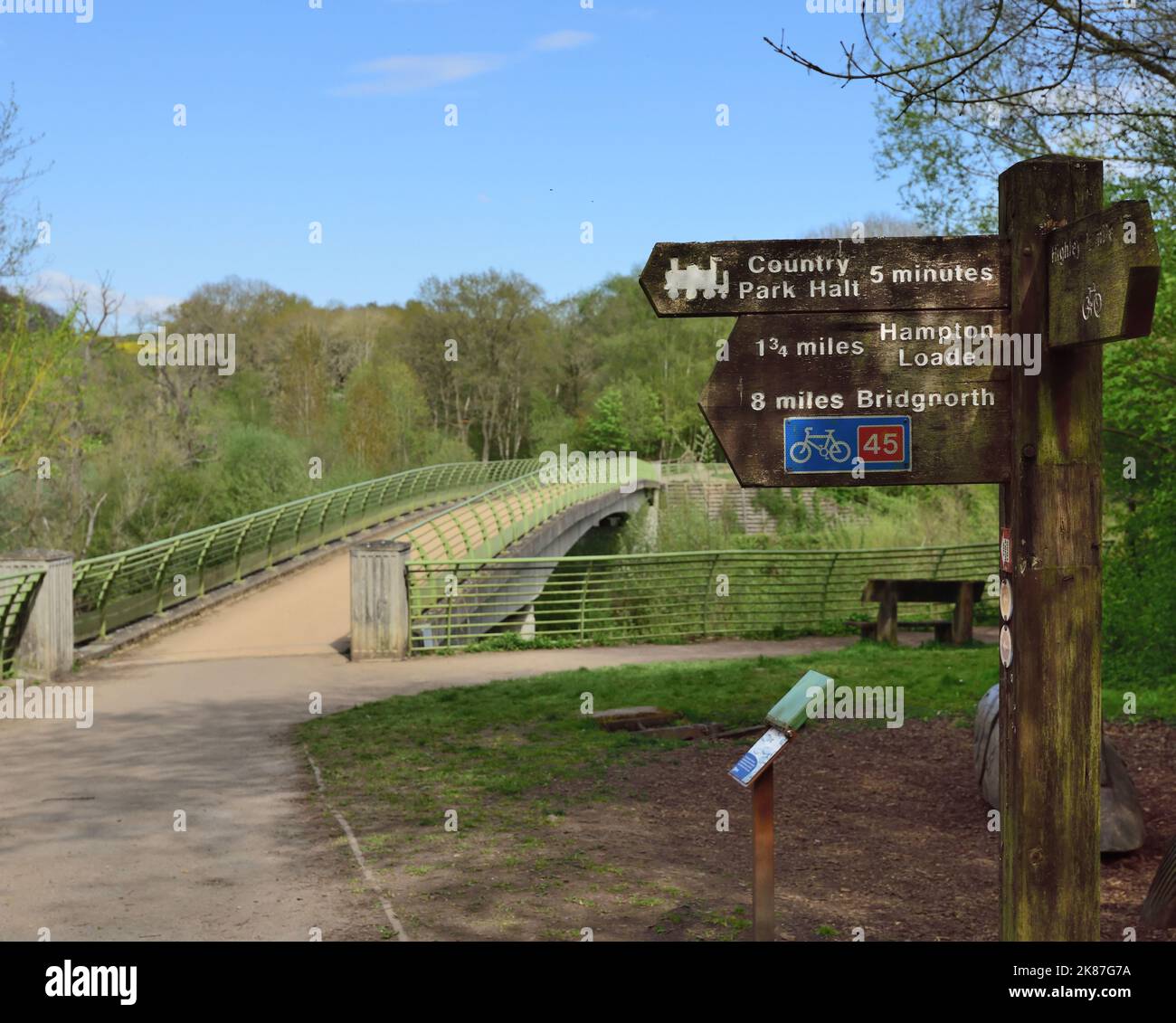 Miners Bridge and signpost in Severn Valley Country Park, Shropshire ...