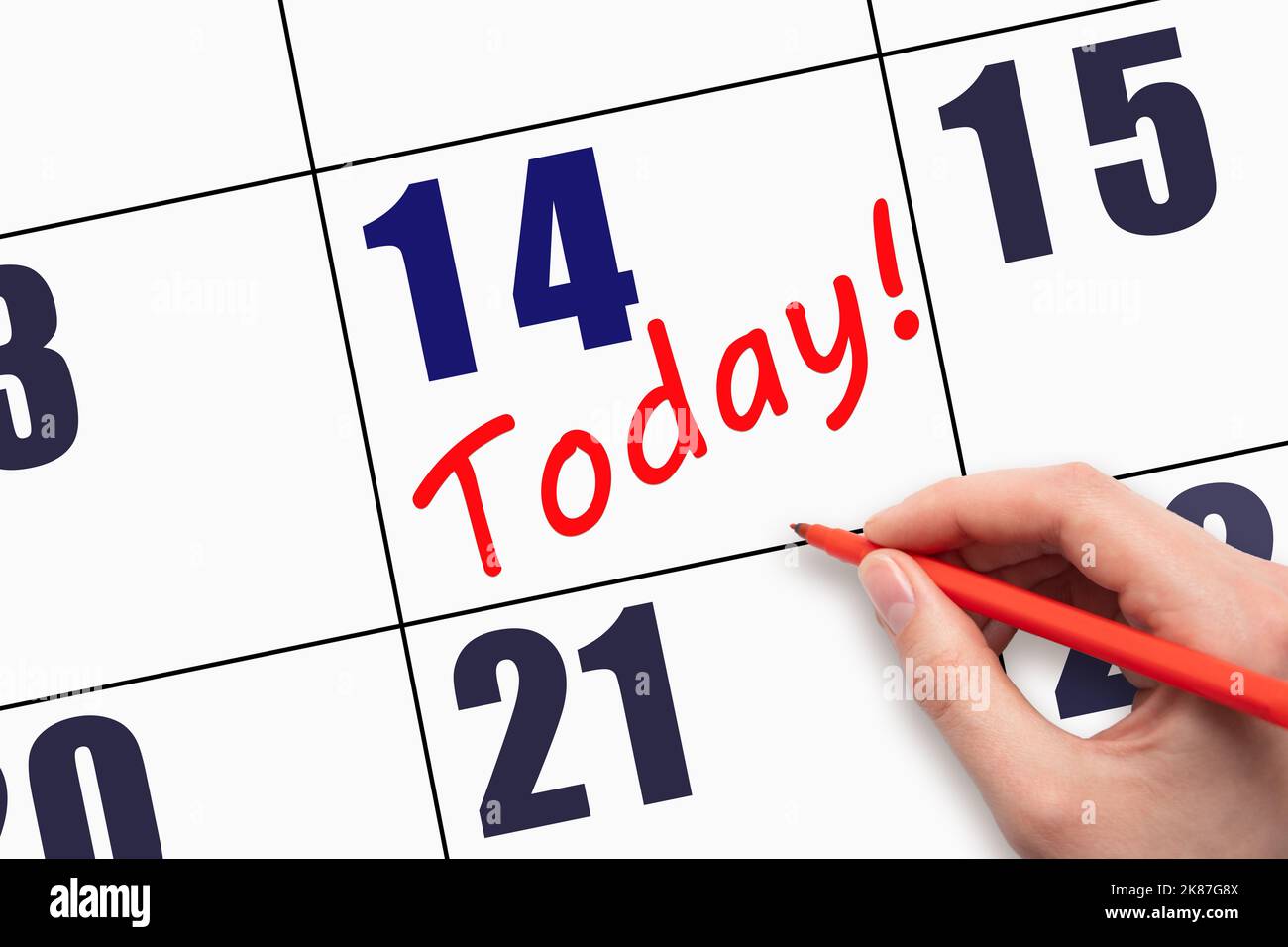 14th day of the month. Hand writing text TODAY on calendar date. Save ...