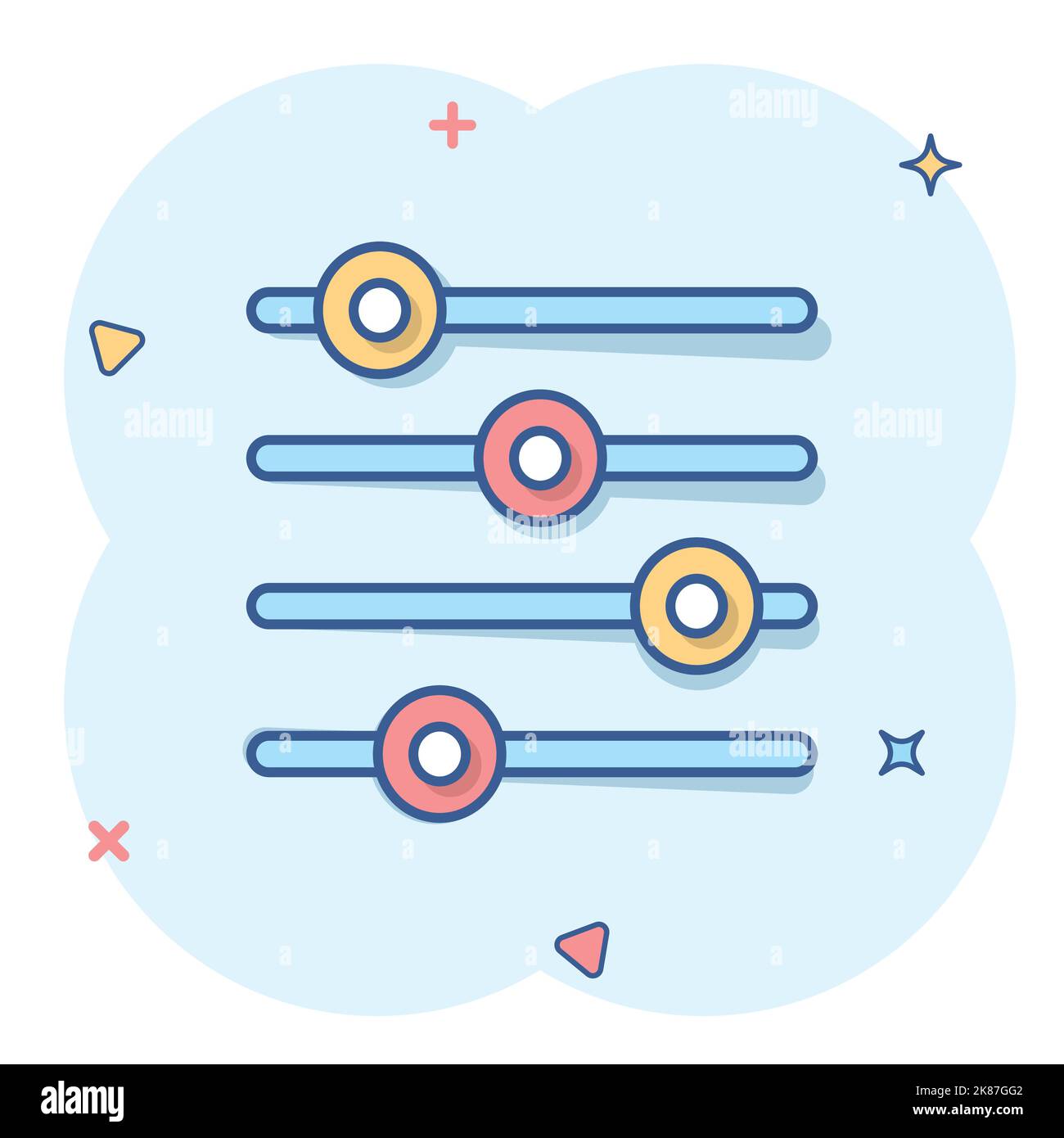 Control volume icon in comic style. Audio adjusting cartoon sign vector ...