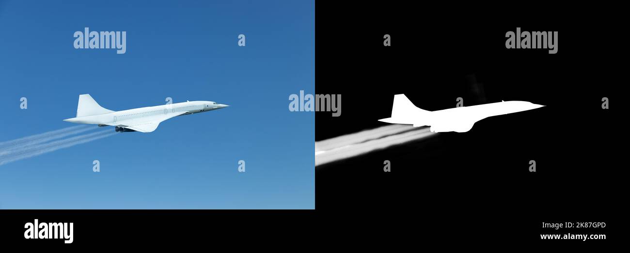 Futuristic Supersonic passenger airplane with trail of smoke from ...