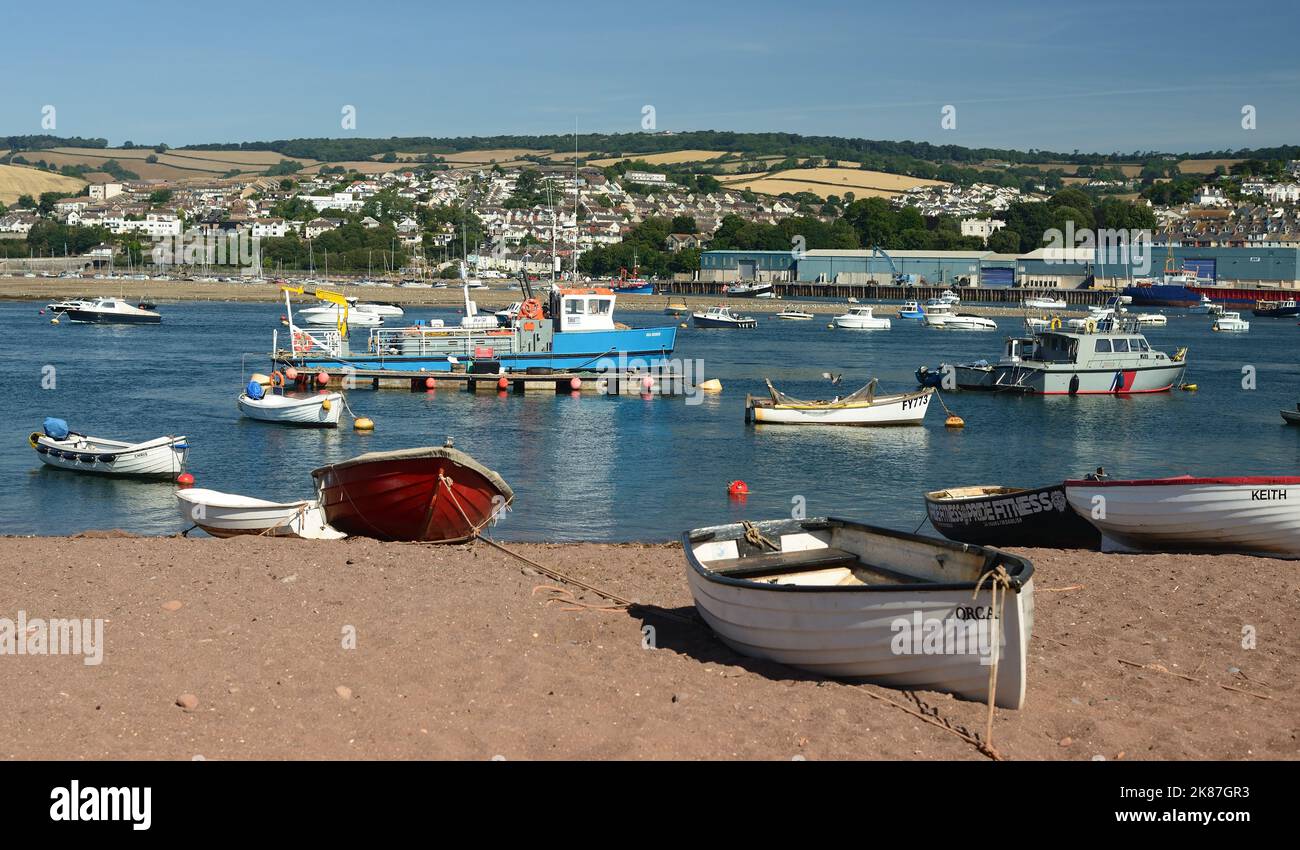 Boats on Back Beach and in the Teign estuary at Teignmouth, looking ...