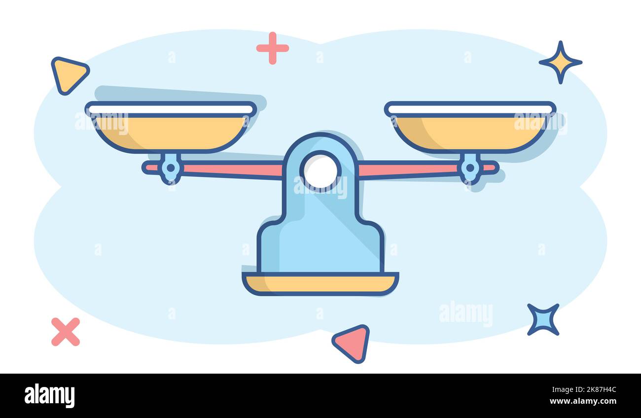 Scale balance icon in comic style. Justice cartoon vector illustration ...