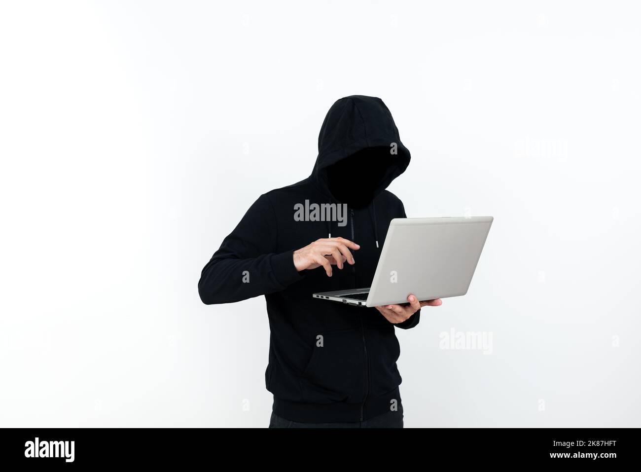 Man Standing With Laptop Presenting Cyber Security. Businessman ...
