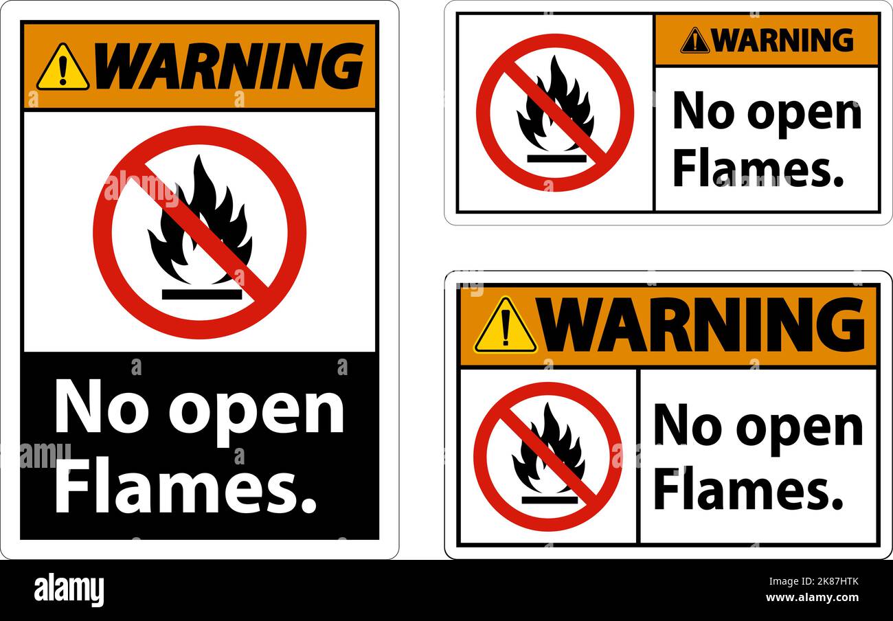 Warning No Open Flames Label Sign On White Background Stock Vector ...