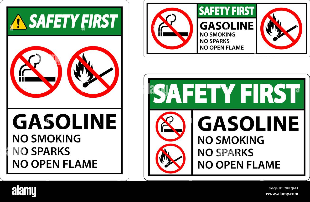 Safety First Gasoline No Smoking Sparks Or Open Flames Sign Stock ...