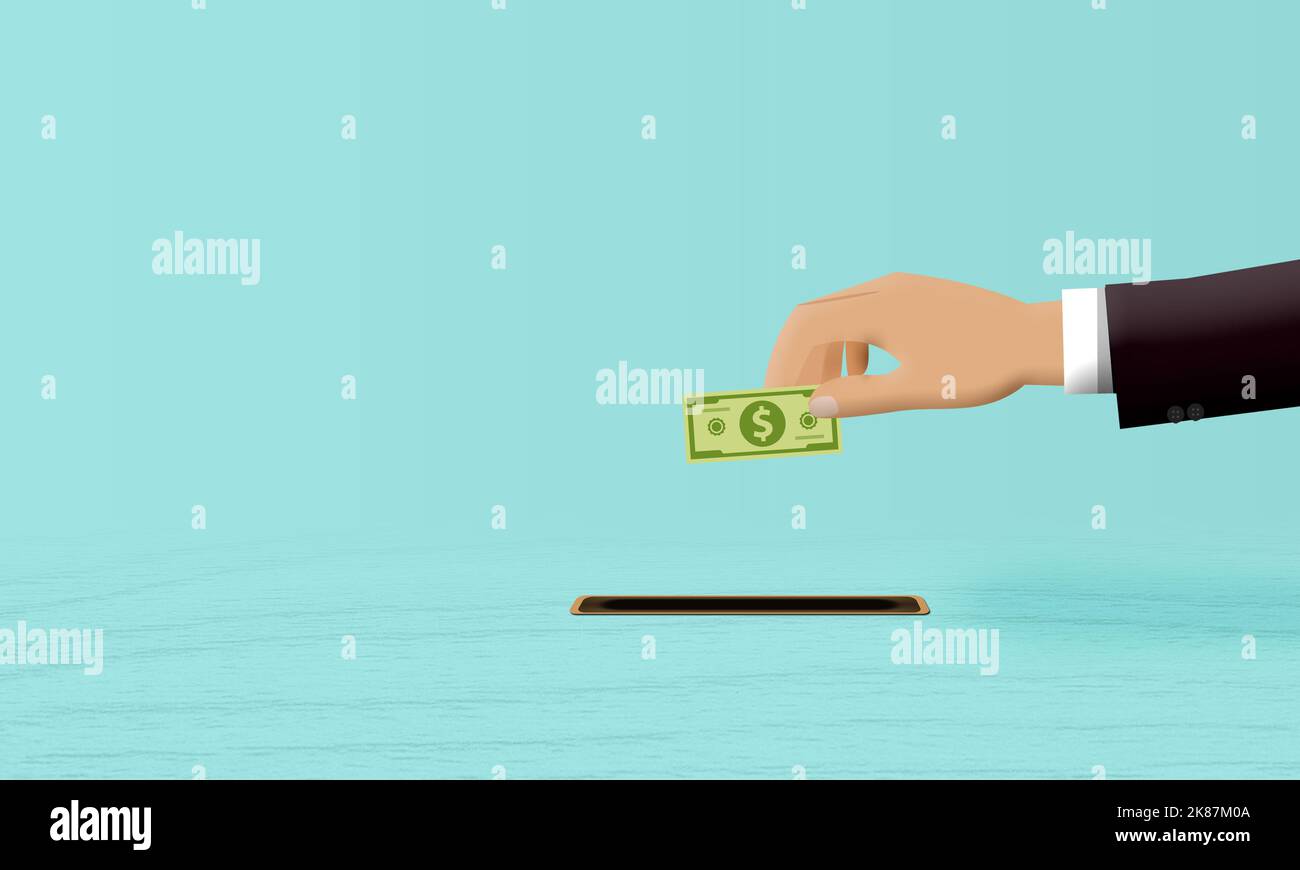 Money Donation Concept. Business man put dollar bill on slot ...