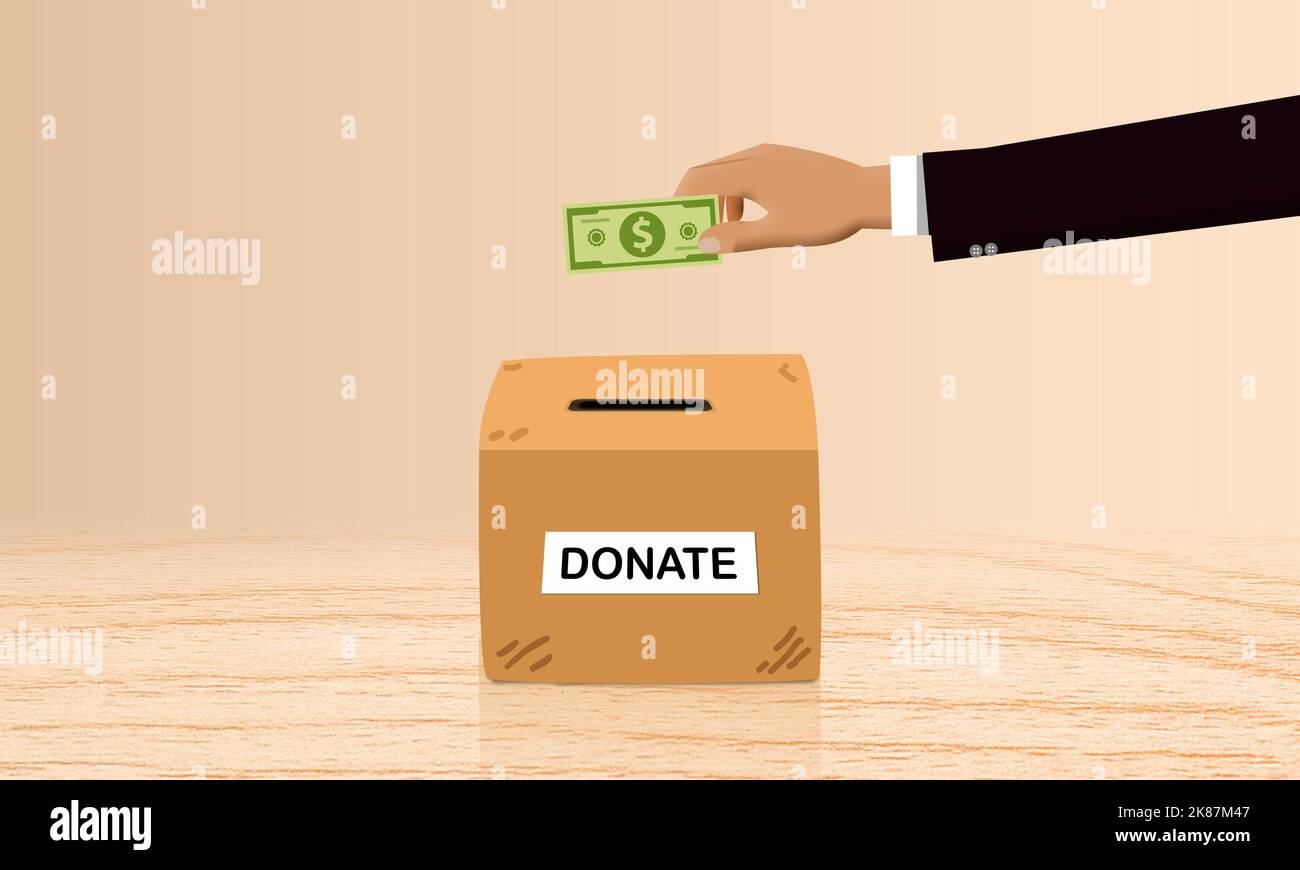 Money Donation Concept. Business man put dollar bill on slot ...