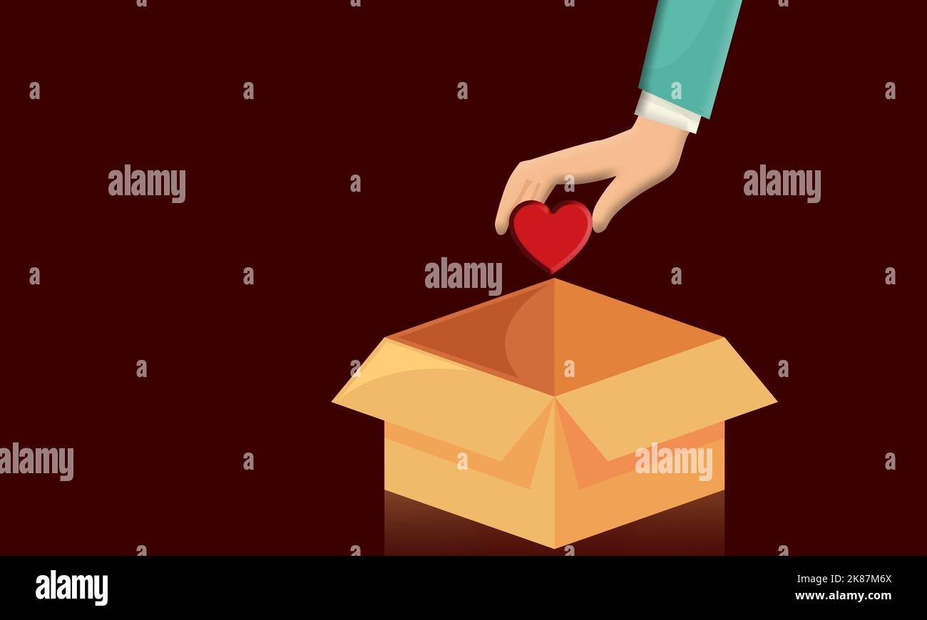 Blood Donation Concept. Male Hand Places A Heart inside A Box To Donate ...