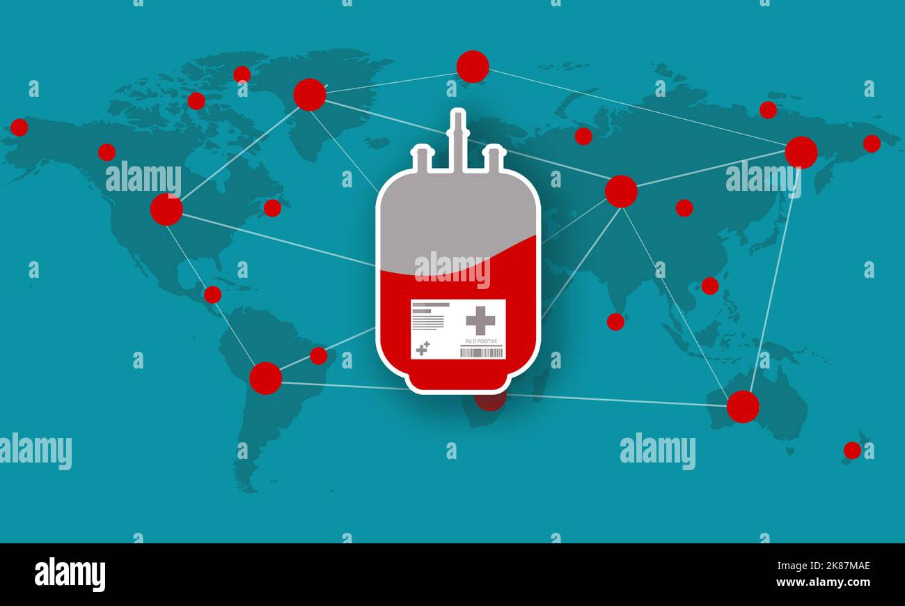 Blood Bag on World Map. Give Blood and Save Lives. Blood Donation and ...