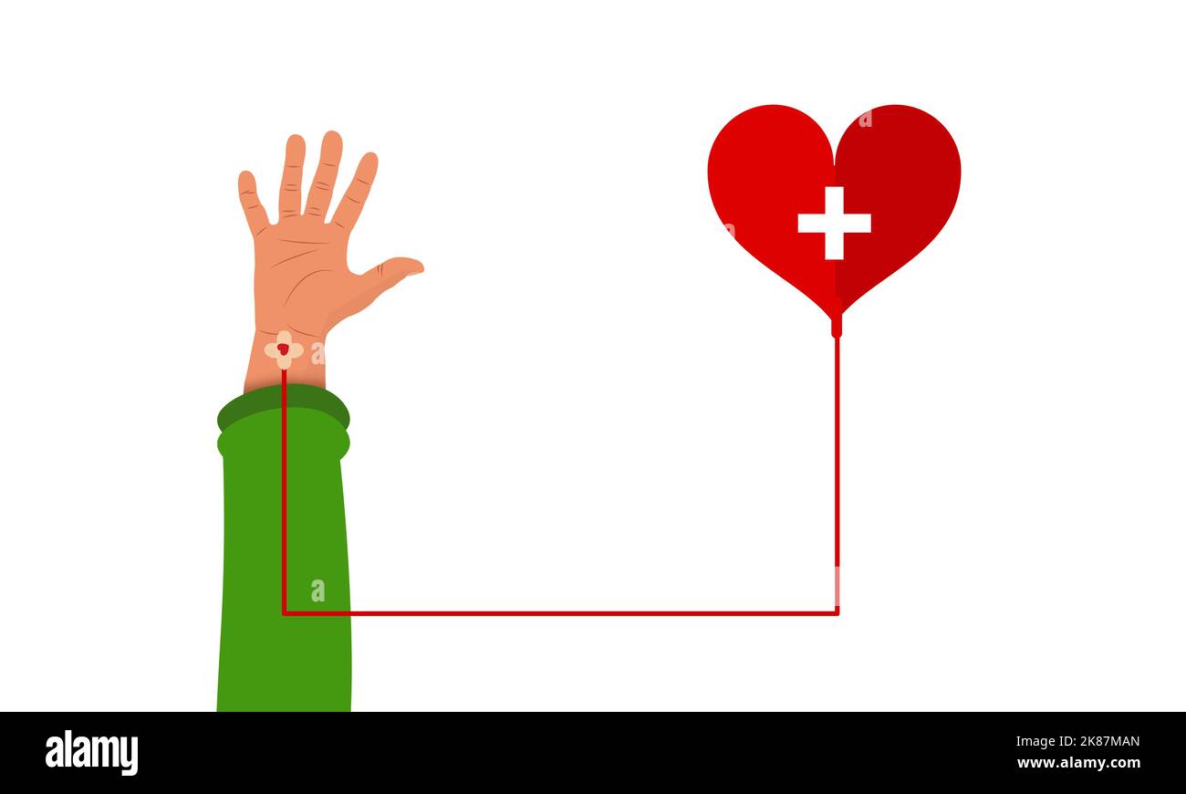 Hand Giving Blood with red heart on white background. World blood donor ...