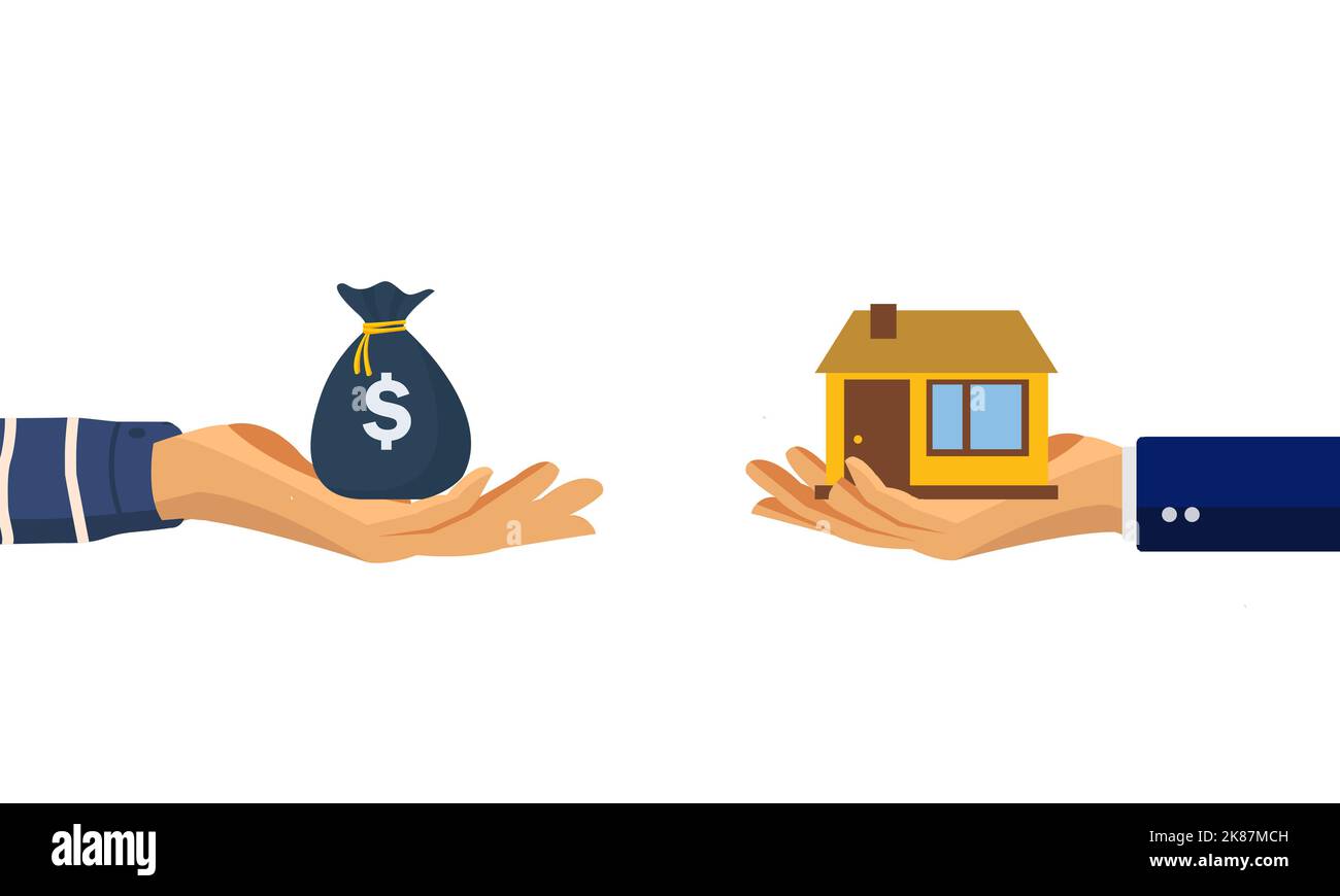 Hands Exchanging House and Money on white background. Buying a home ...