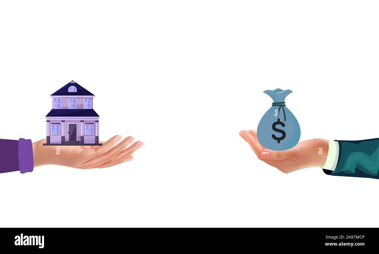 Hands Exchanging House and Money on white background. Buying a home ...