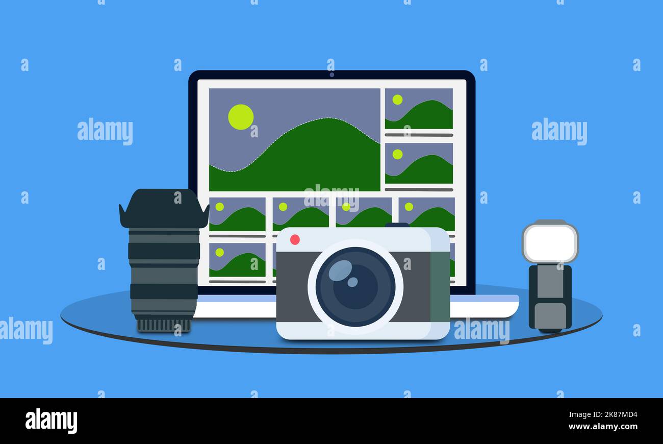 Photographer Gear Design Flat on Blue Background. Illustration of ...