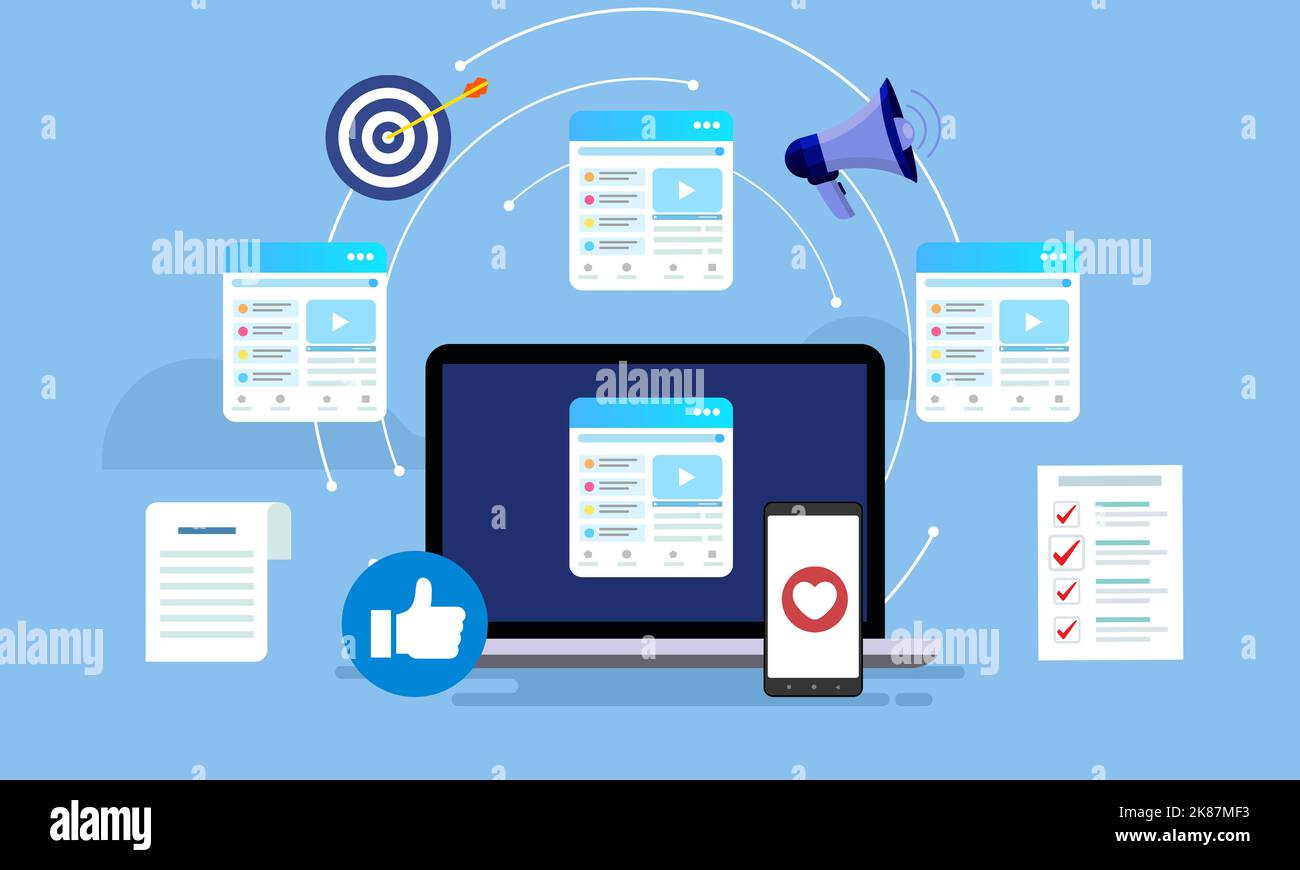 Social Media Marketing on modern laptop. Social Icons. posts and ...