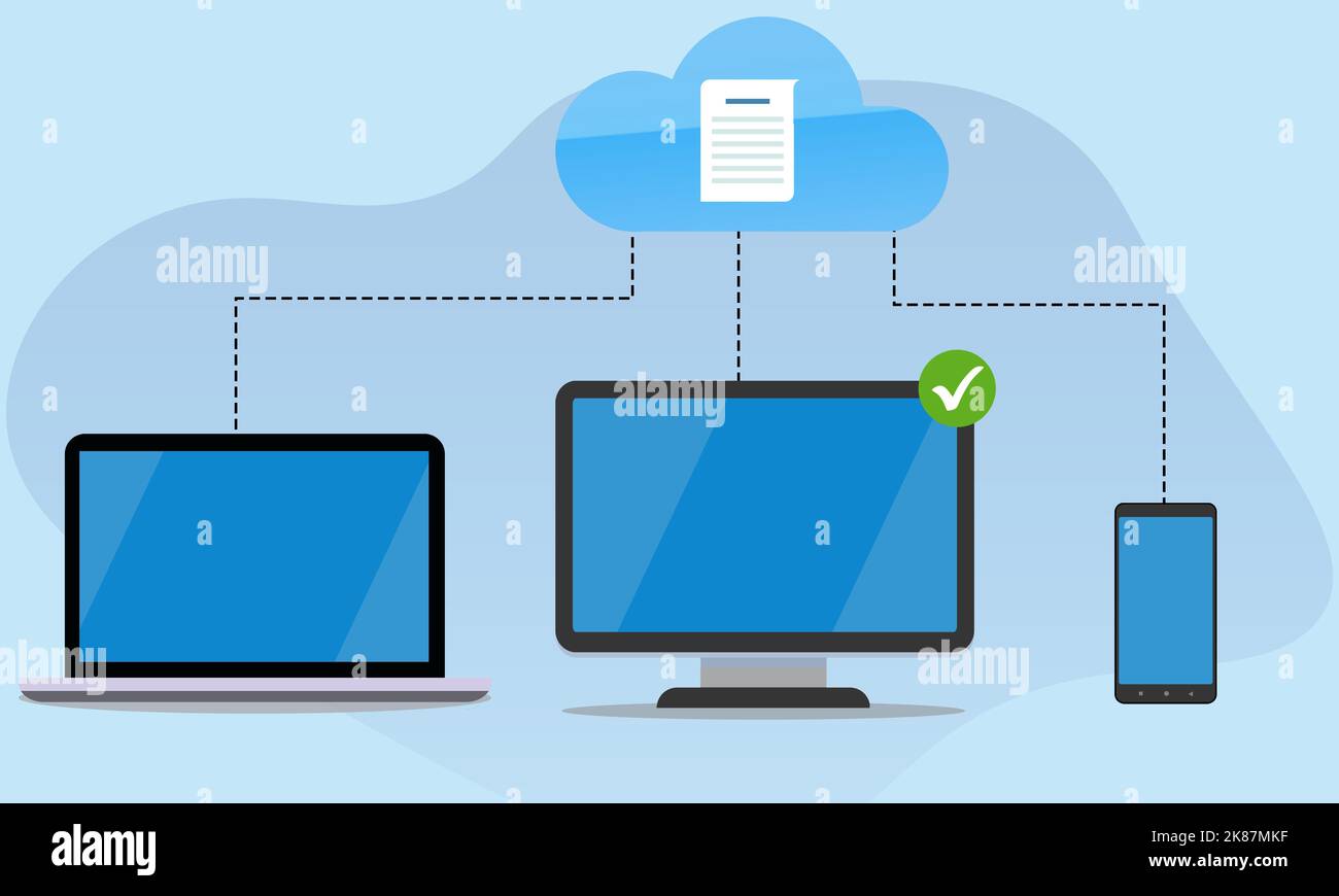 Cloud computing concept with Devices connected to the storage cloud. Transfer database and ...