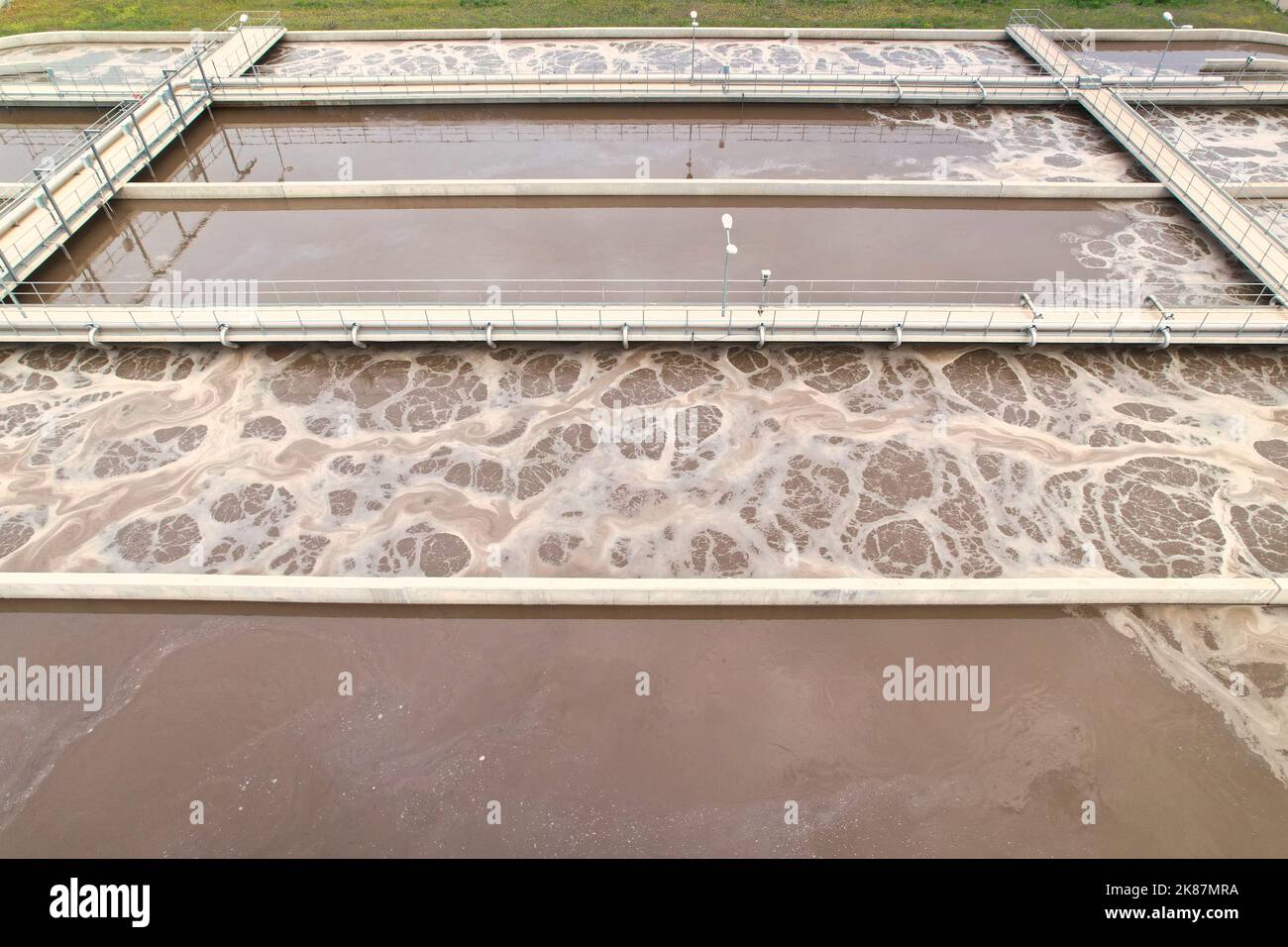 sewage treatment plant, dirty water treatment pool, aerial shot Stock ...