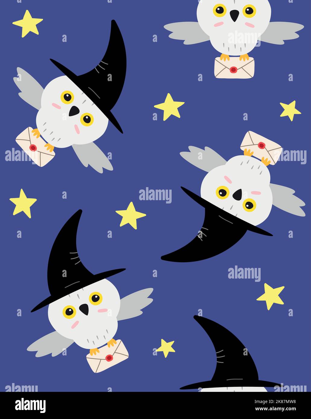 Vector seamless pattern of flat cartoon wizard owl with hat isolated on ...