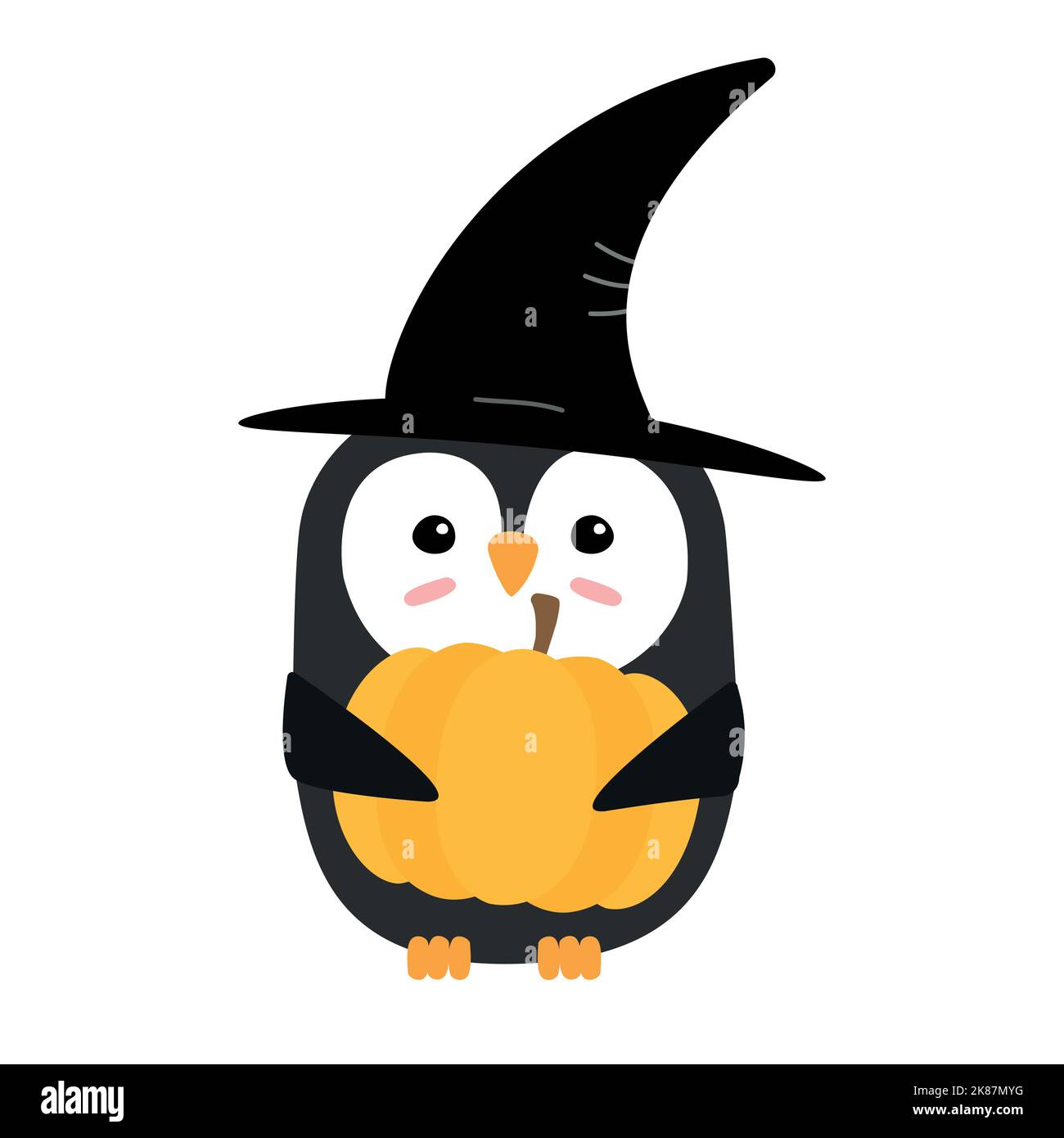 Vector flat cartoon Halloween penguin with witch hat and pumpkin ...