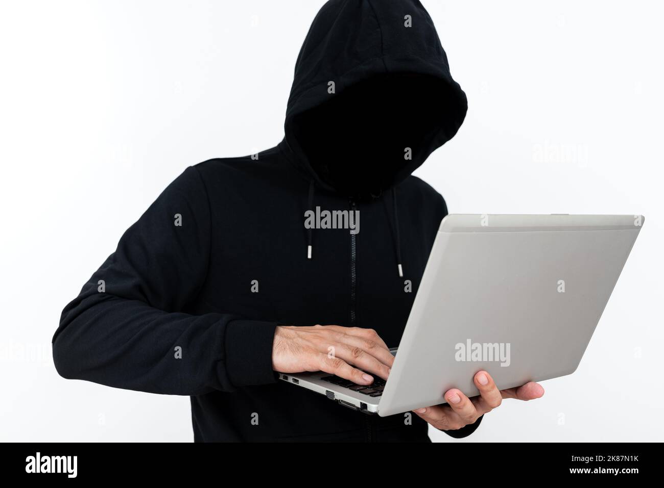 Man Standing With Laptop Presenting Cyber Security. Businessman ...