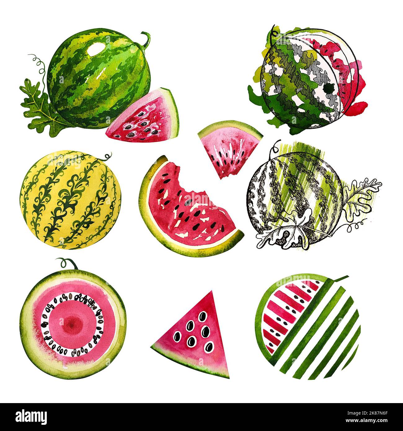 Stylized watermelons. Set. watercolor illustration. delicious ...