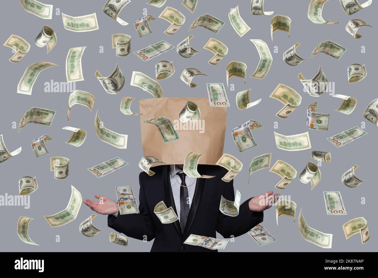 Business, money and success concept. Man in empty paper bag on her head ...