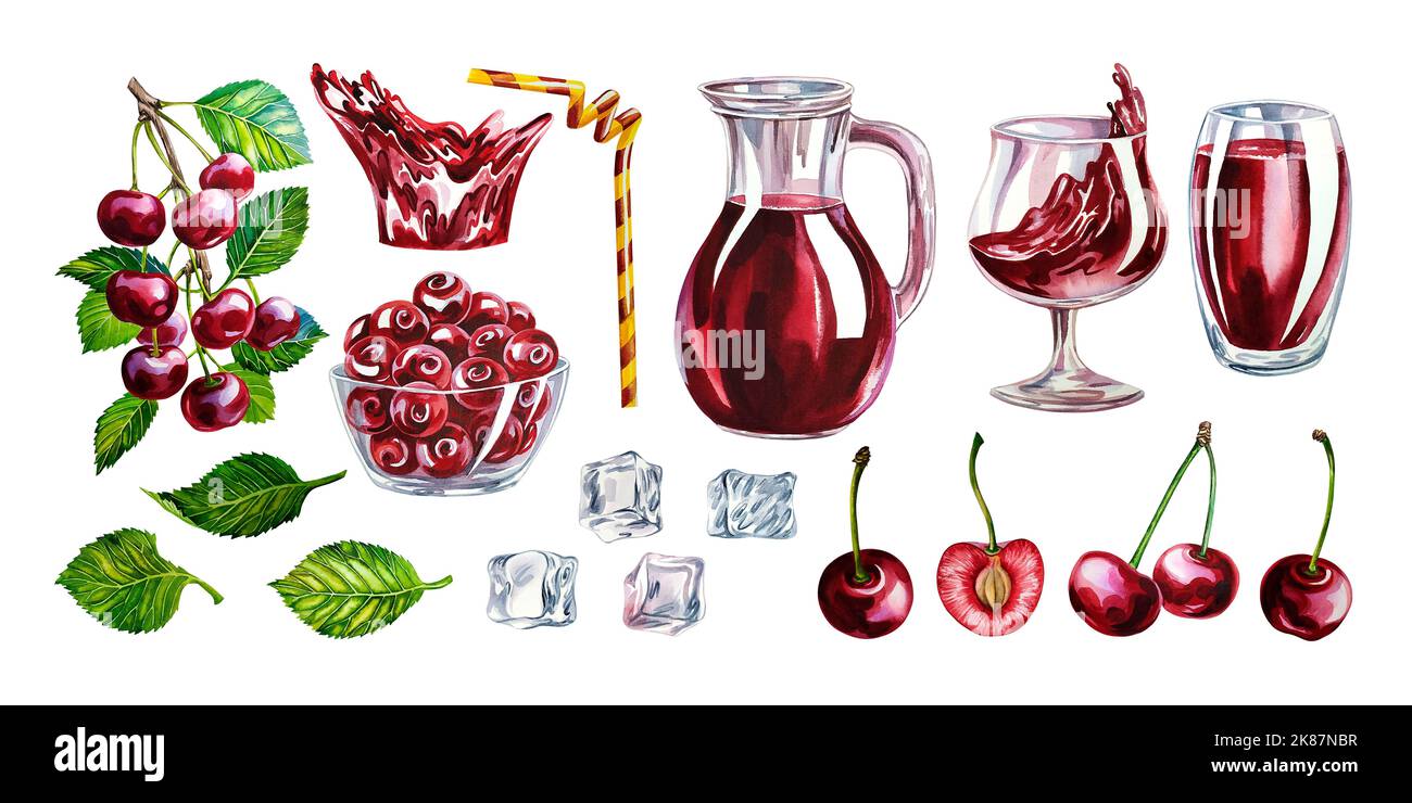 Cherry, set. Cherry juice in a glass and jug. Watercolor illustration ...
