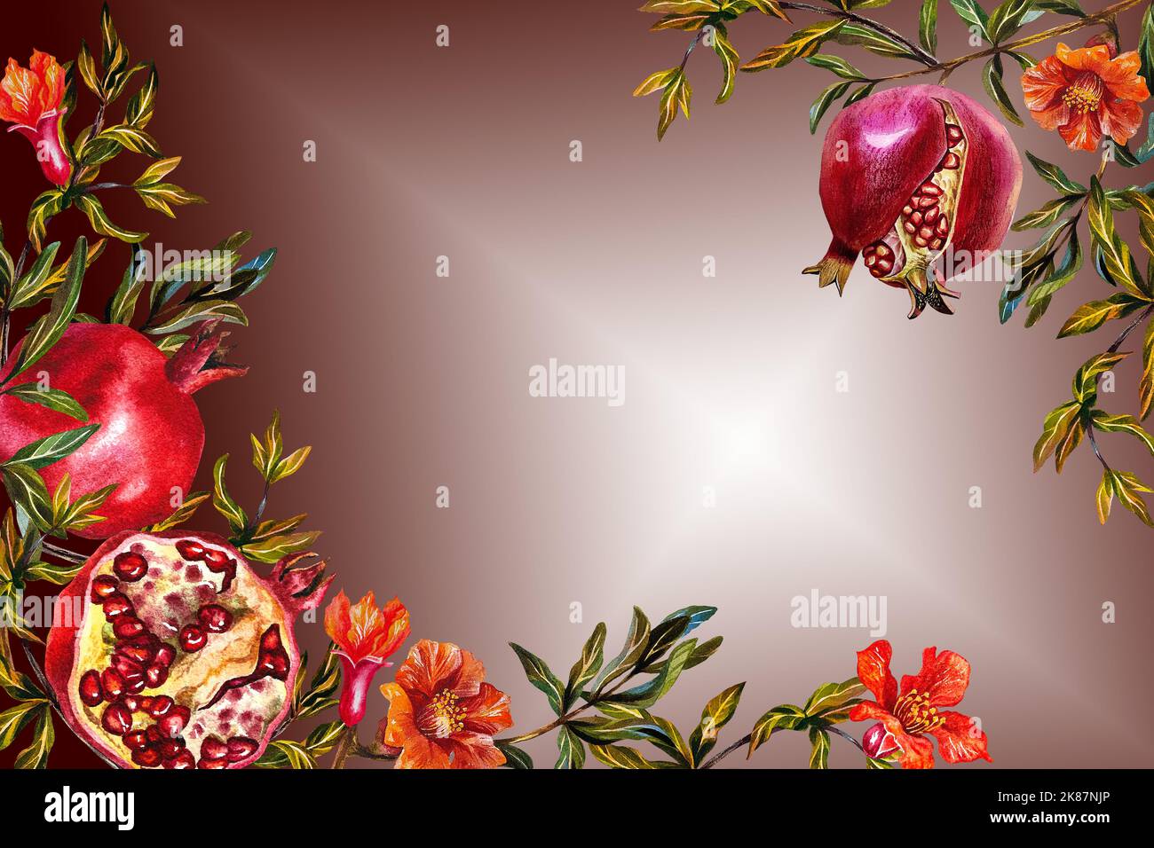 Pomegranate. Frame of pomegranate fruits on a branch, burst, cut ...