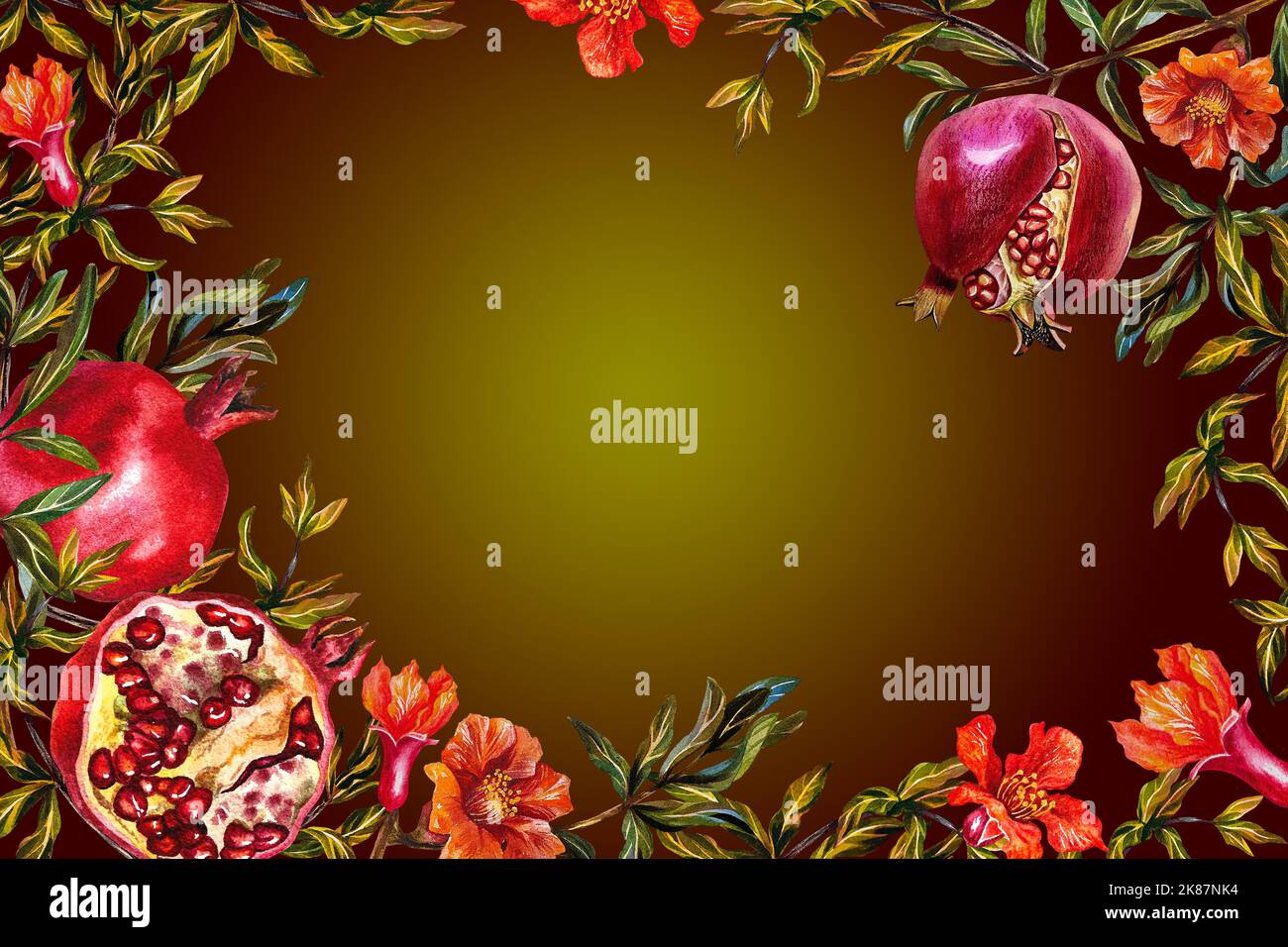 Pomegranate. Frame of pomegranate fruits on a branch, burst, cut ...