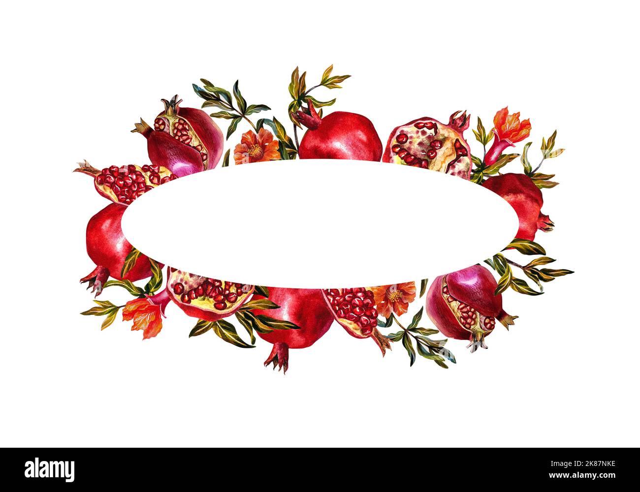 Pomegranate. Oval frame made of pomegranate fruit on a branch, burst ...