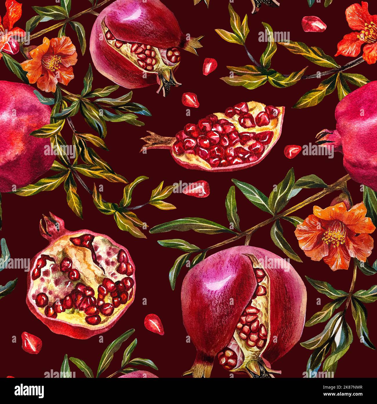 Pomegranate seamless pattern. Pomegranate fruit on a branch, open ...