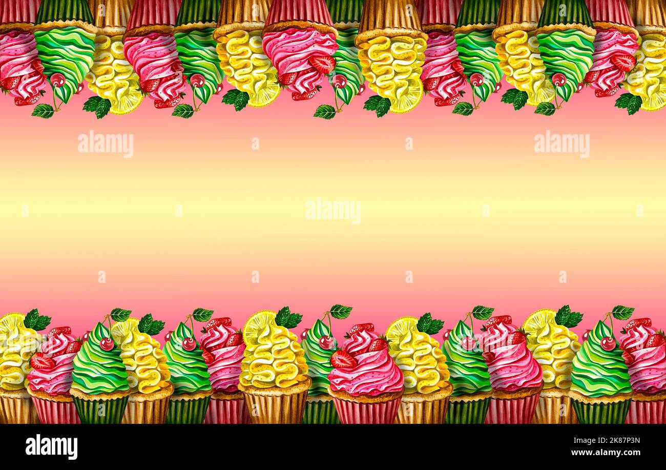Multi-colored cupcakes with cream, berries and fruits. Watercolor ...