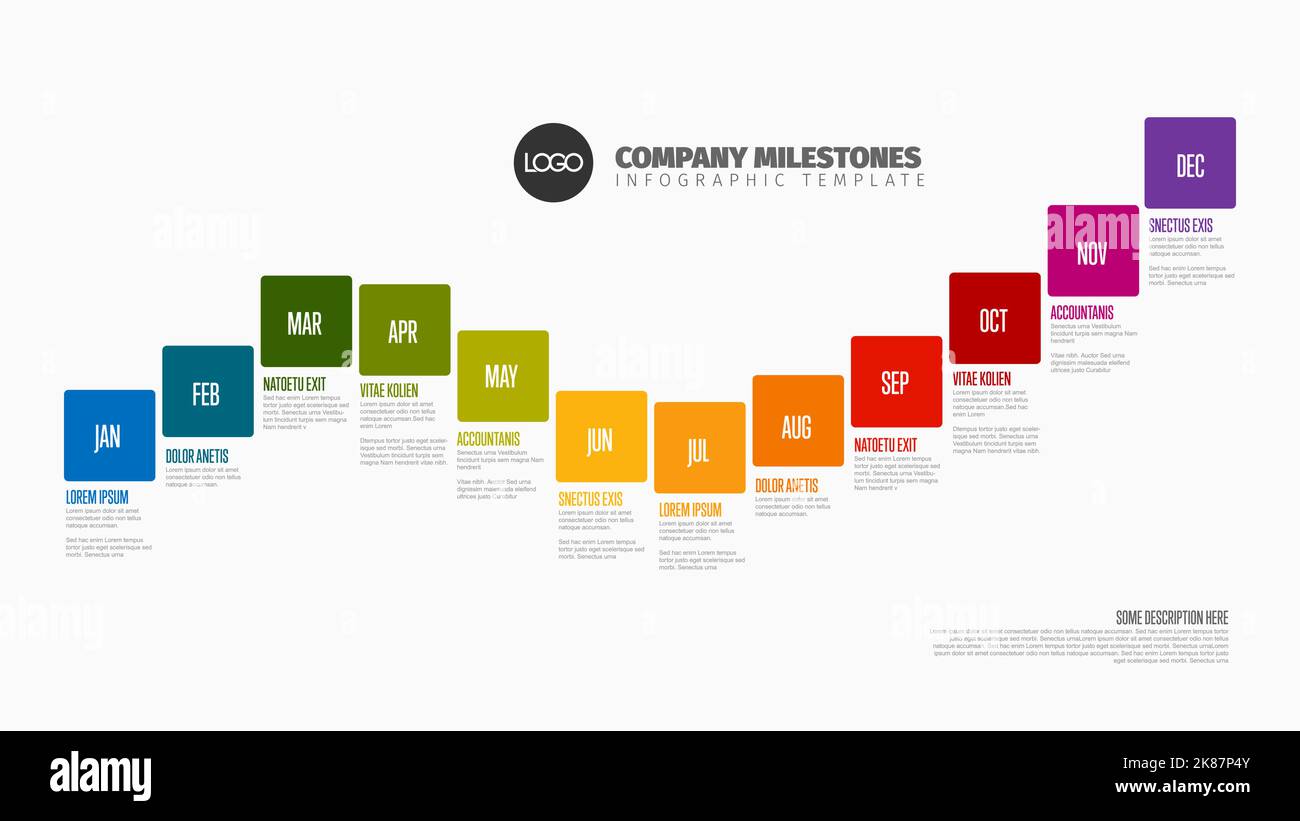Full year timeline template with all rainbow colored months on a ...