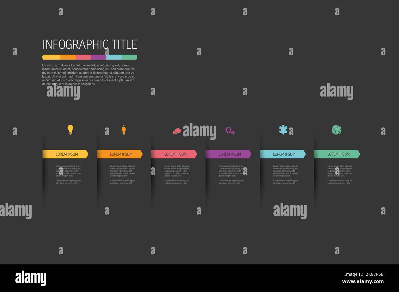 Dark multipurpose Six elements infographic with colored attow bookmarks ...