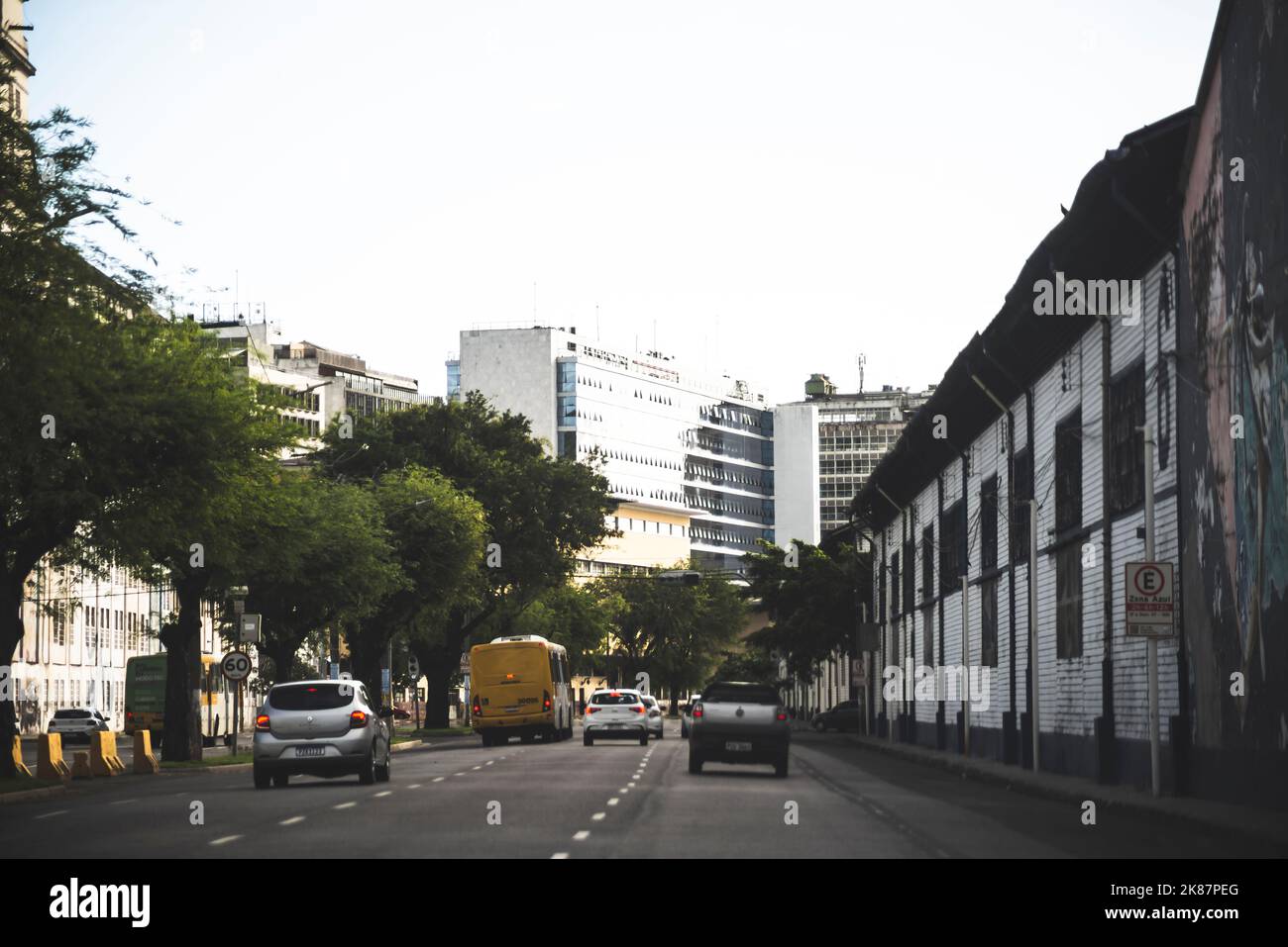 Busy street with car traffic in the Comercio district. City of Salvador ...