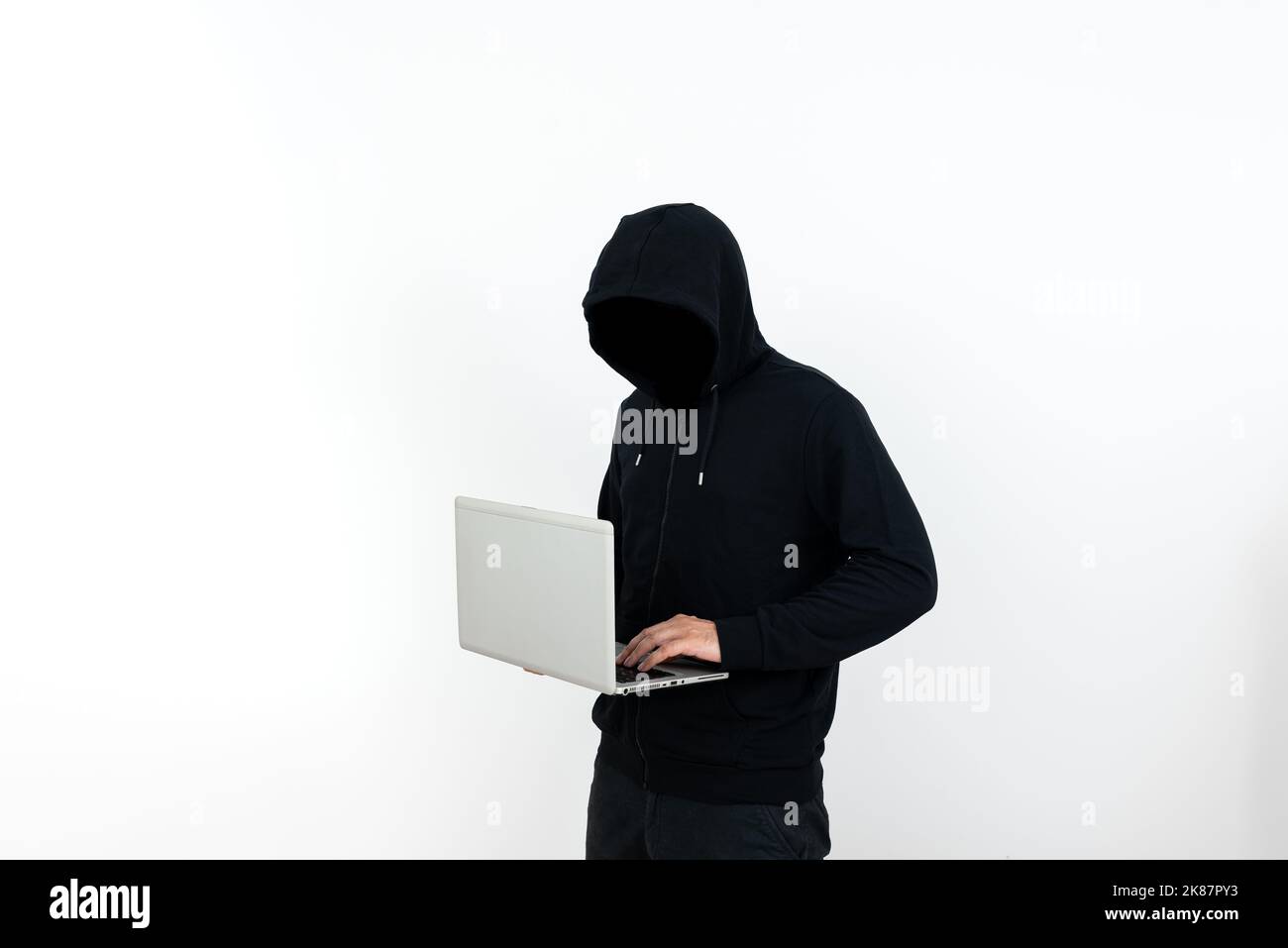 Man Standing With Laptop Presenting Cyber Security. Businessman ...