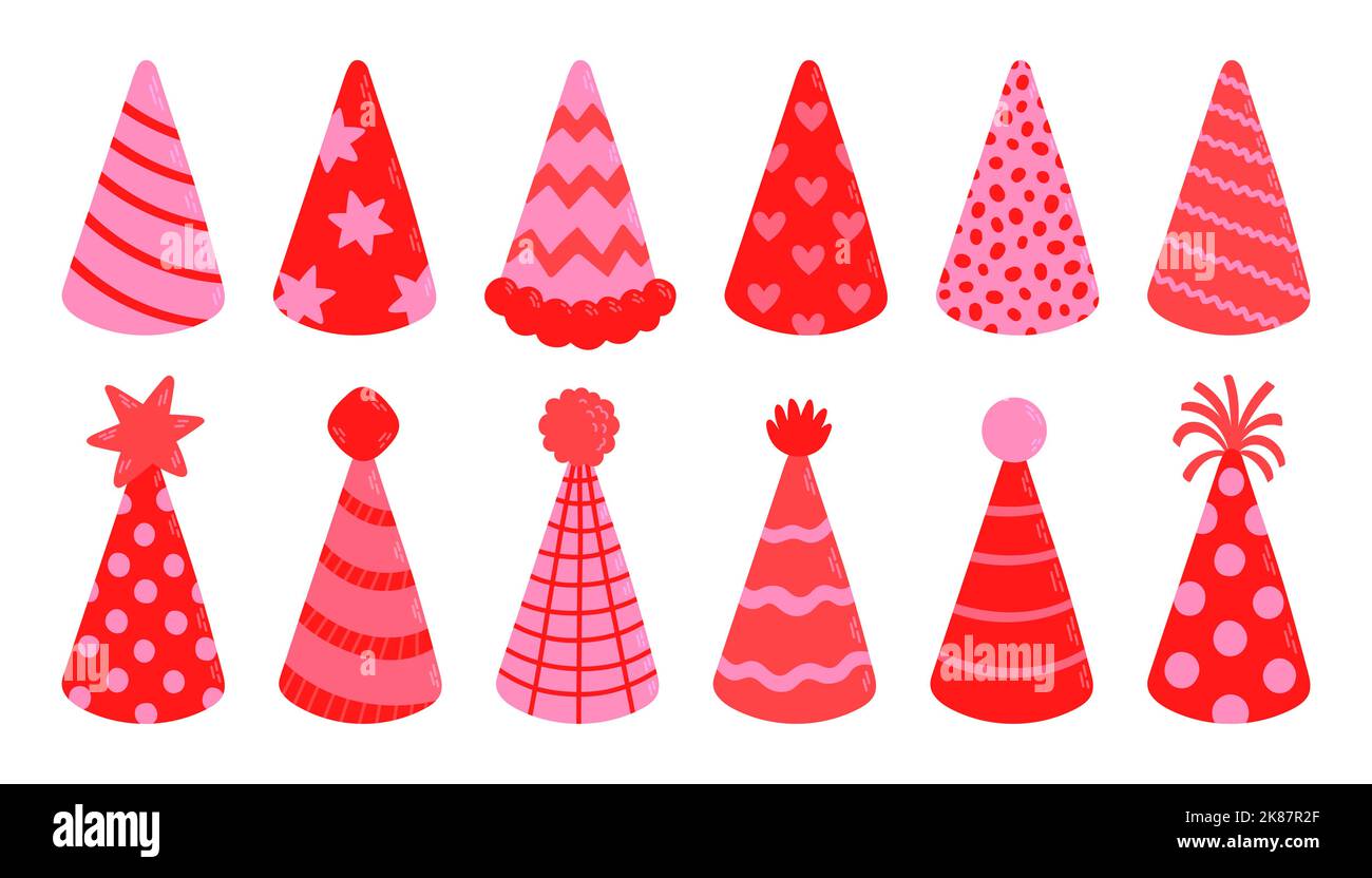 Birthday party hats set, pink color different shapes vector Stock ...