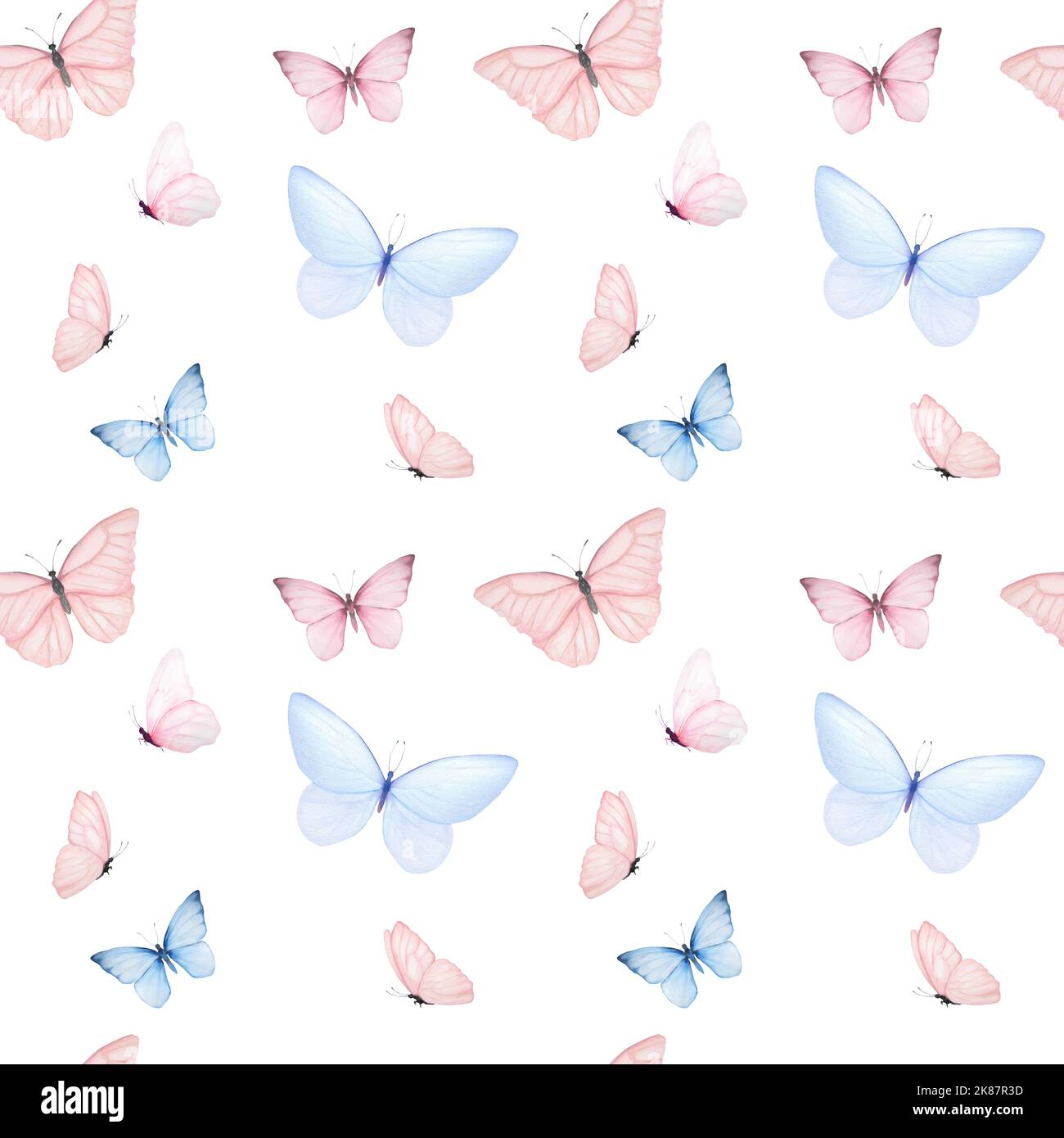 Watercolor minimalistic pattern of tender blue and pink butterflies ...