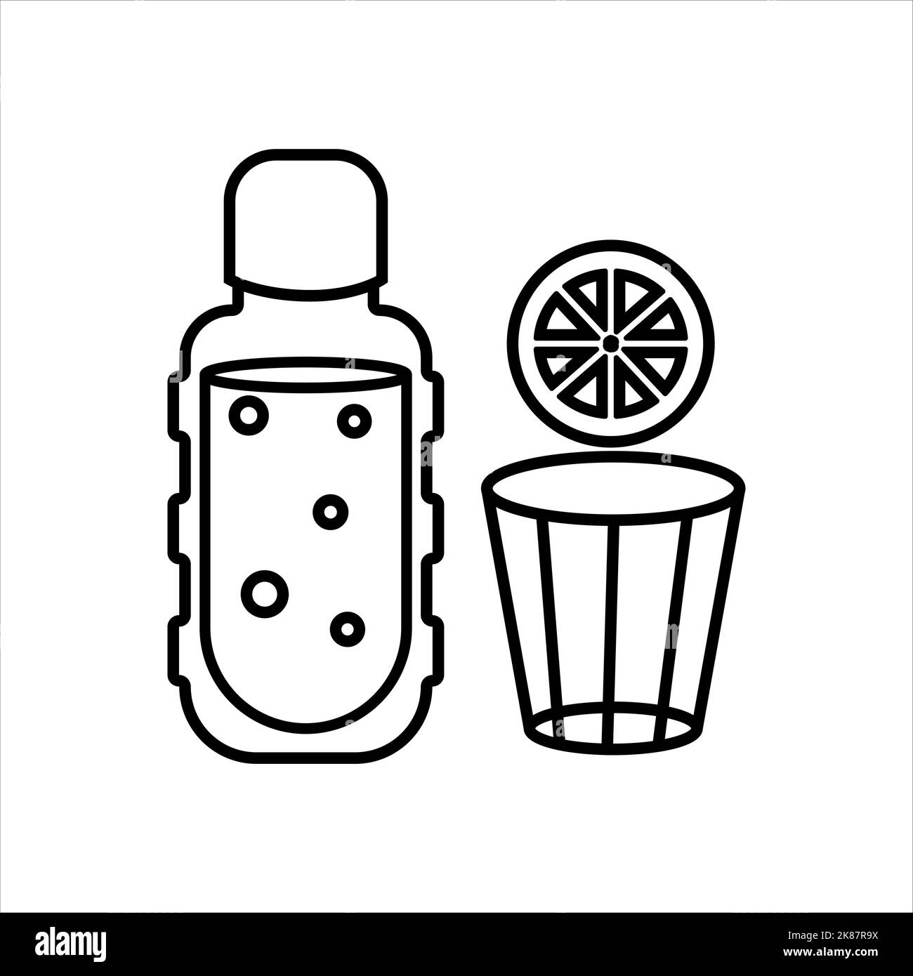 Bottle of water and glass with lemon in hand drawn doodle style. Water ...