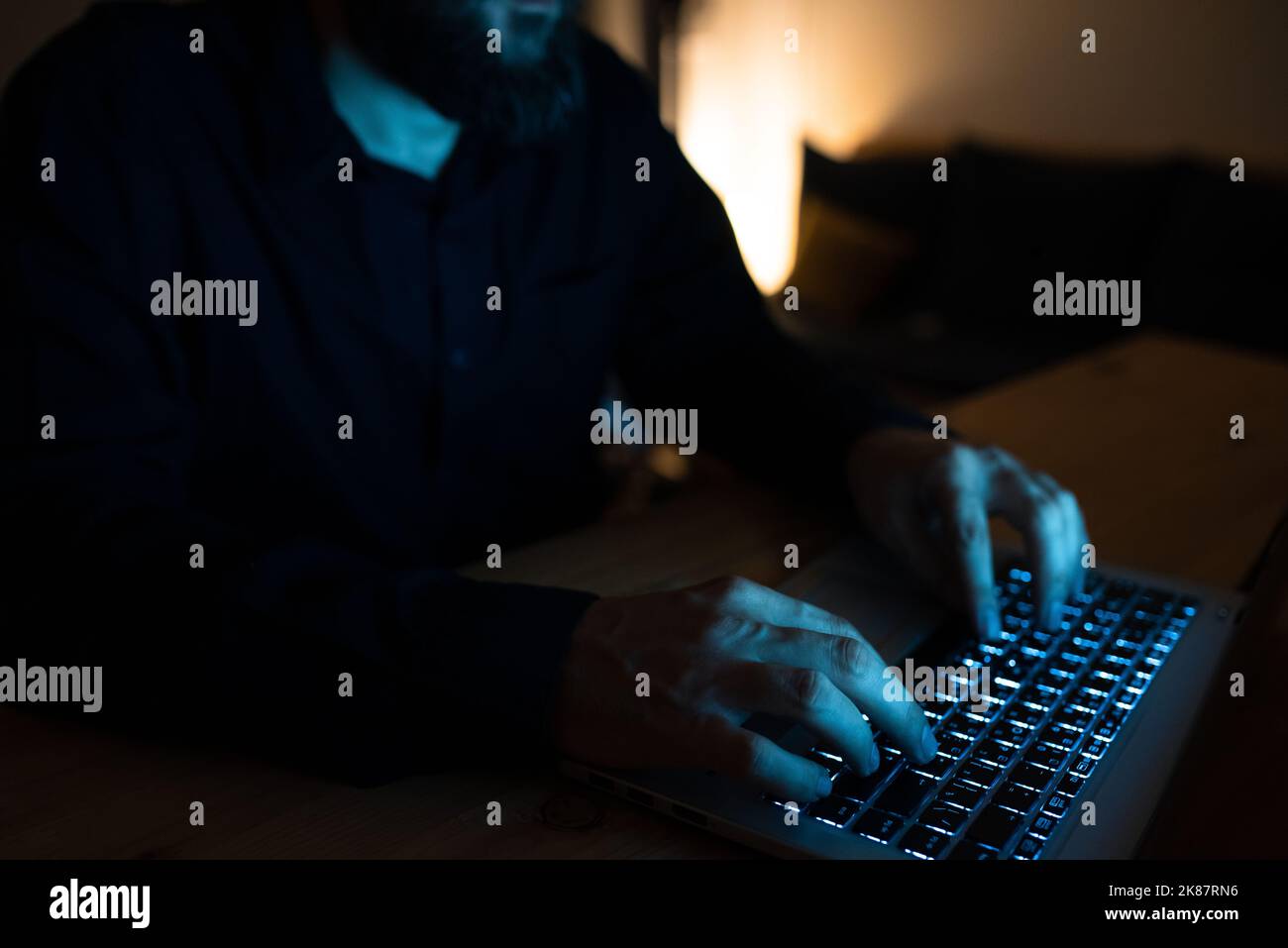 Businessman Typing Recent Updates On Lap Top Keyboard On Desk. Man In ...