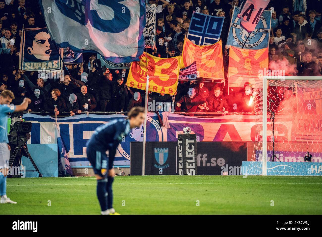 Malmoe, Sweden. 20th Oct, 2022. Flares from the fans of Malmoe FF ...