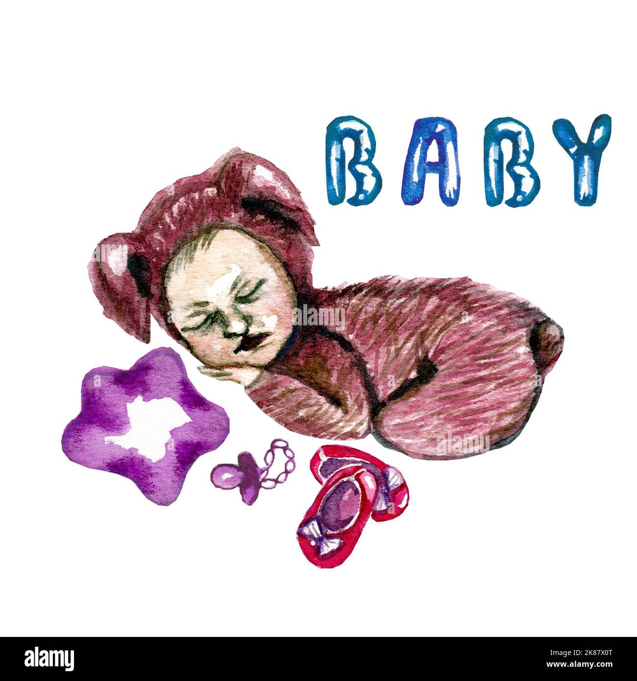 Watercolor illustration of cute baby girl or boy in pink pajamas like a ...